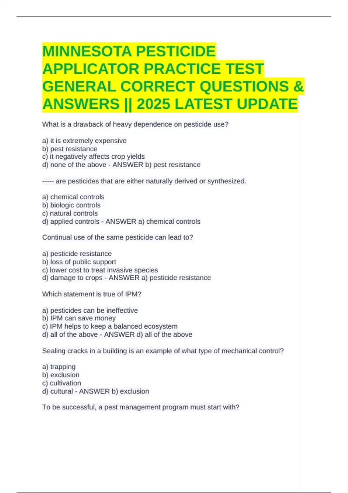 MINNESOTA PESTICIDE APPLICATOR PRACTICE TEST GENERAL CORRECT QUESTIONS ...