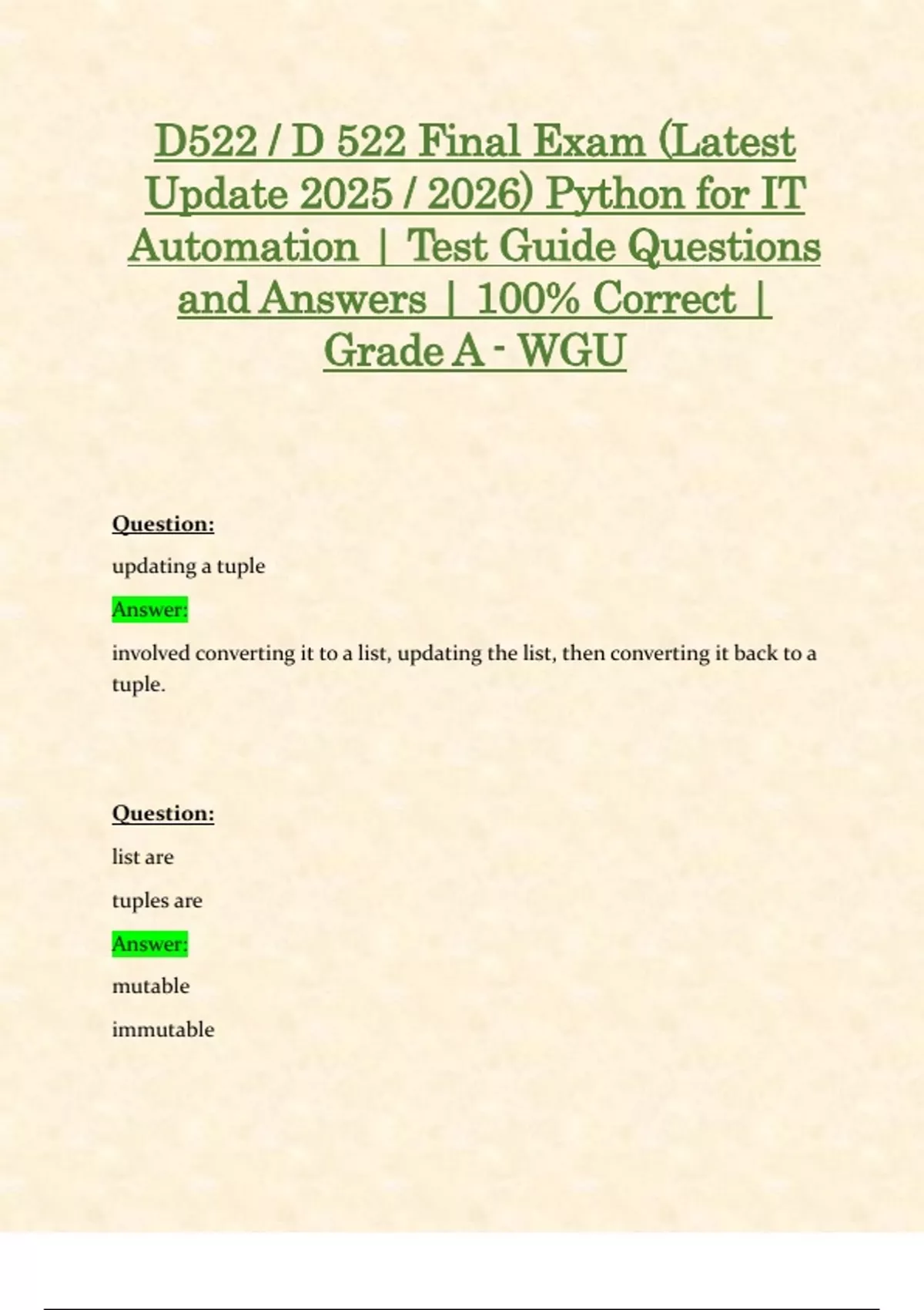 D522 / D 522 Final Exam (Latest Update 2025 / 2026) Python for IT ...