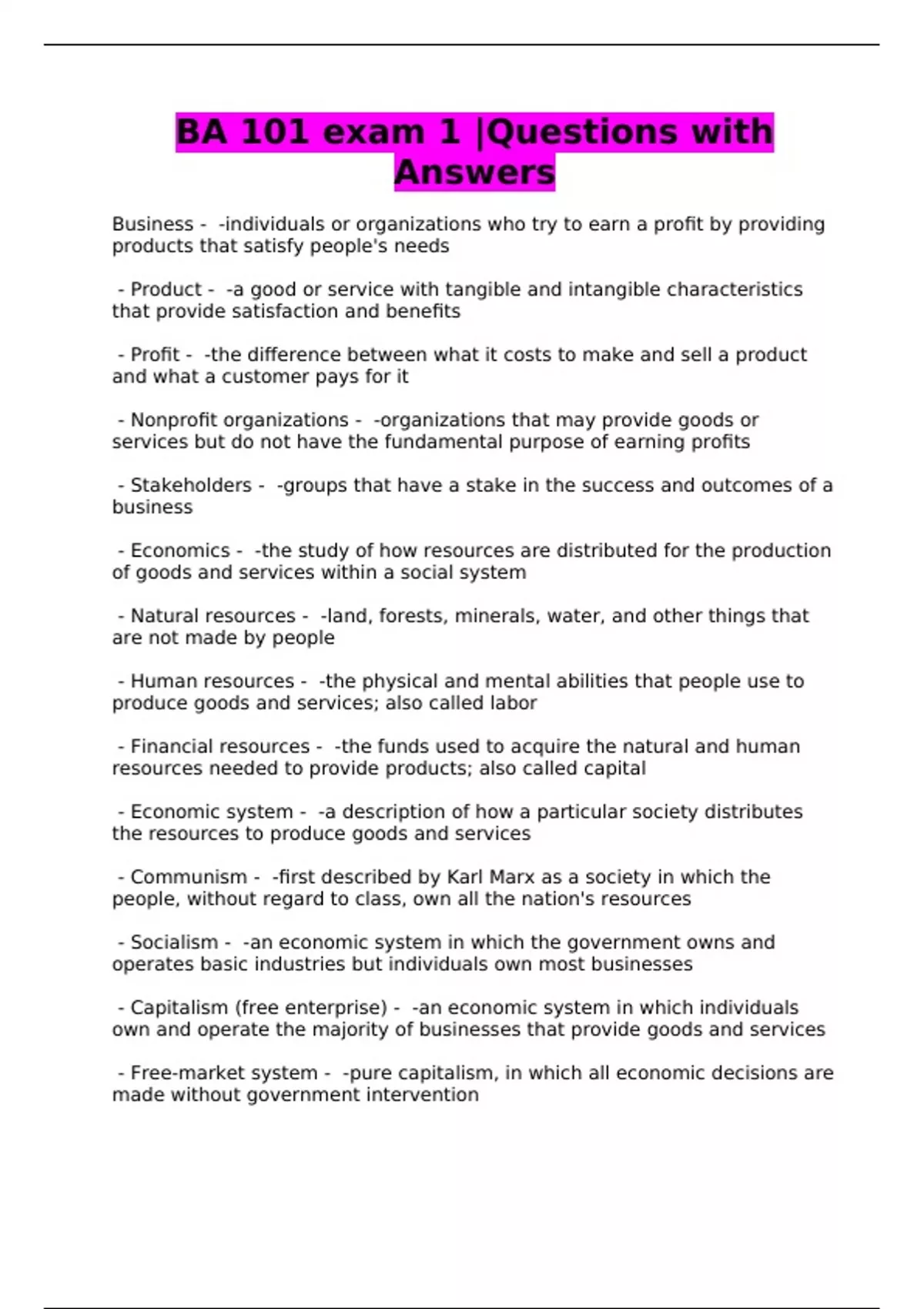 BA 101 exam 1 |Questions with Answers - BA 101 exam 1 |Questions with ...