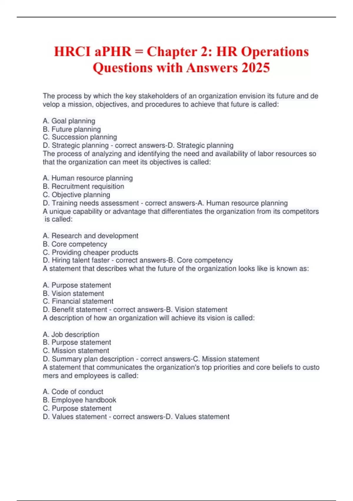 HRCI aPHR Chapter 2 HR Operations Questions with Answers 2025 - APHR ...