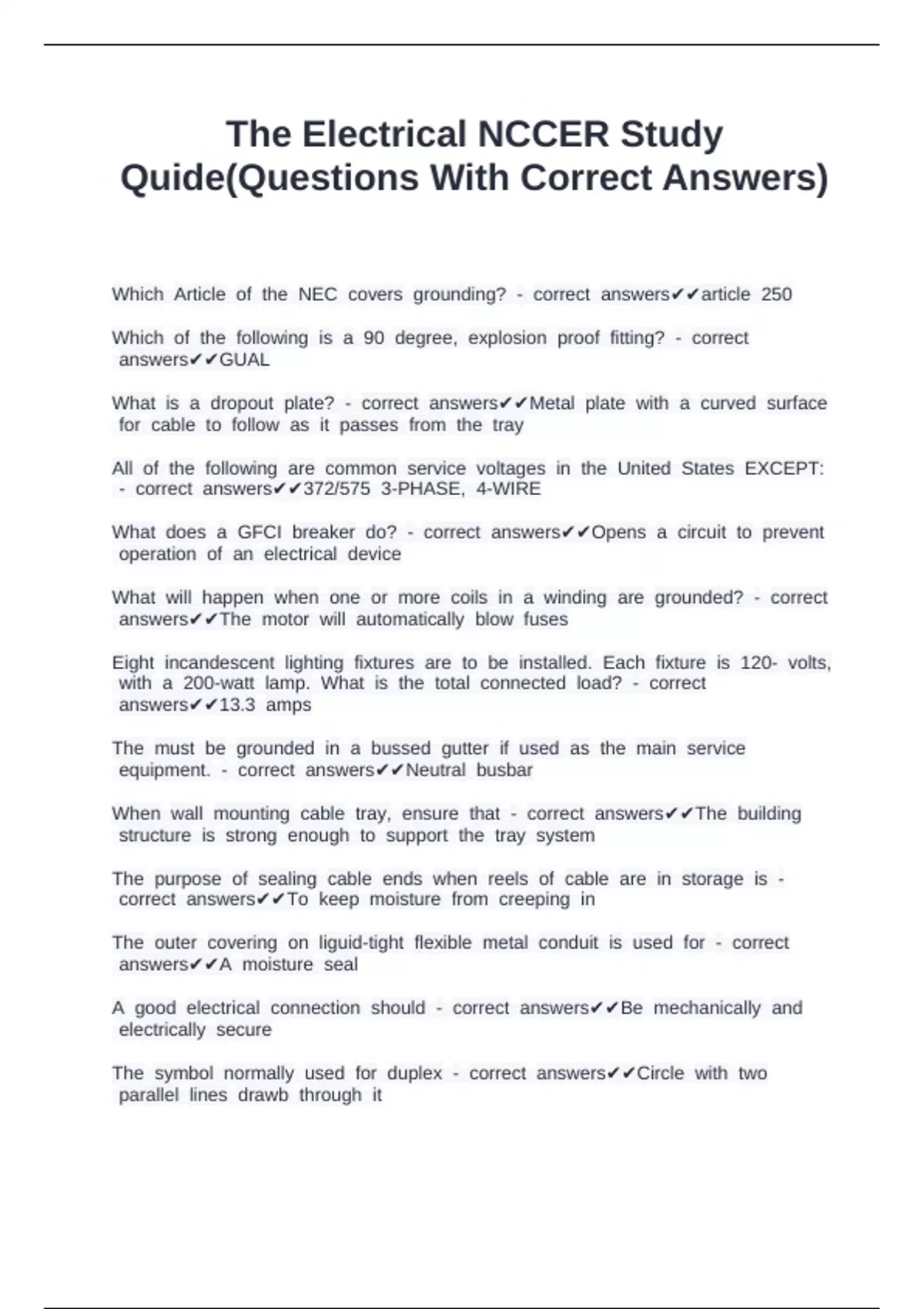 The Electrical NCCER Study Quide(Questions With Correct Answers ...