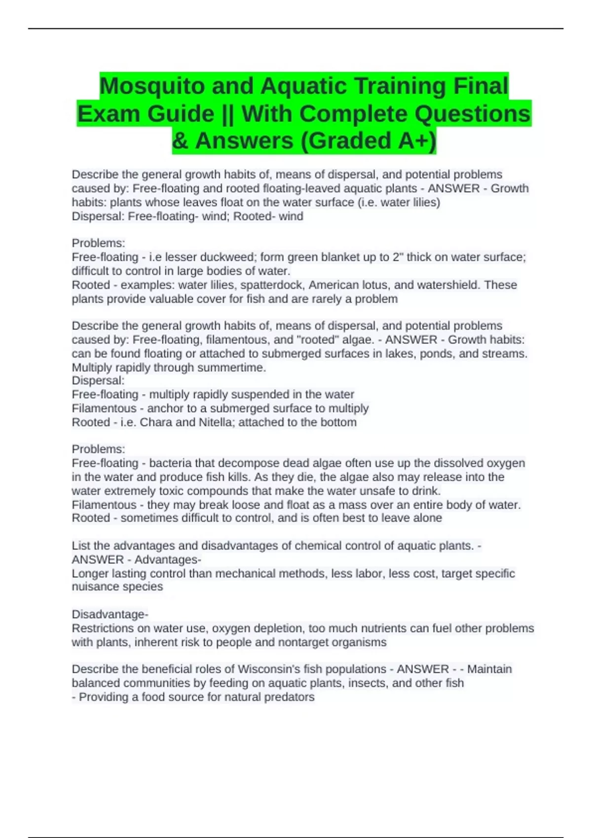 Mosquito and Aquatic Training Final Exam Guide || With Complete ...