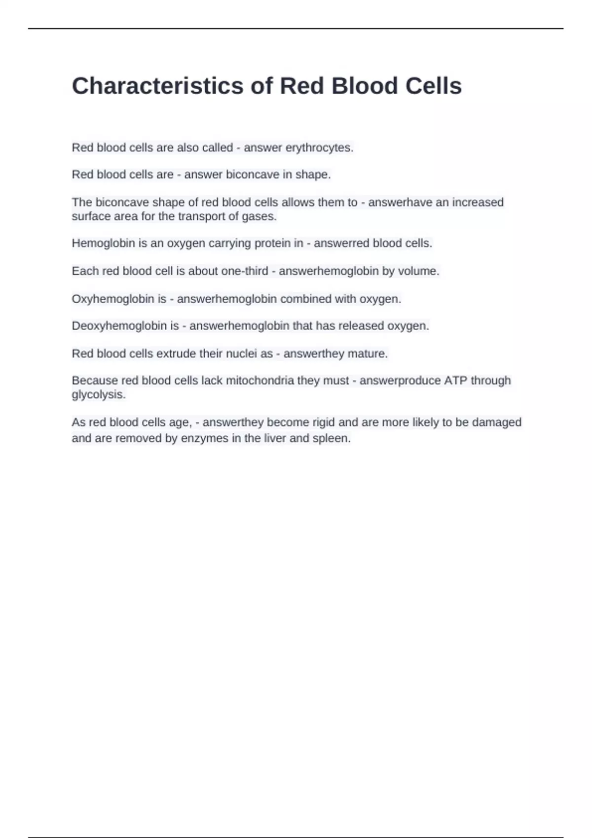 Characteristics of Red Blood Cells Questions and Answers - RBC - Stuvia US