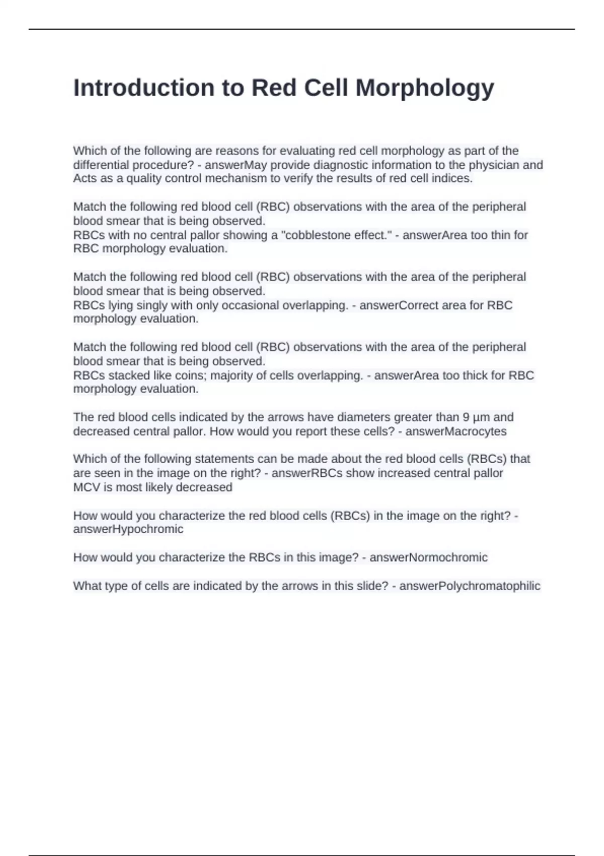 Introduction to Red Cell Morphology Questions with Correct Answers - RBC - Stuvia US