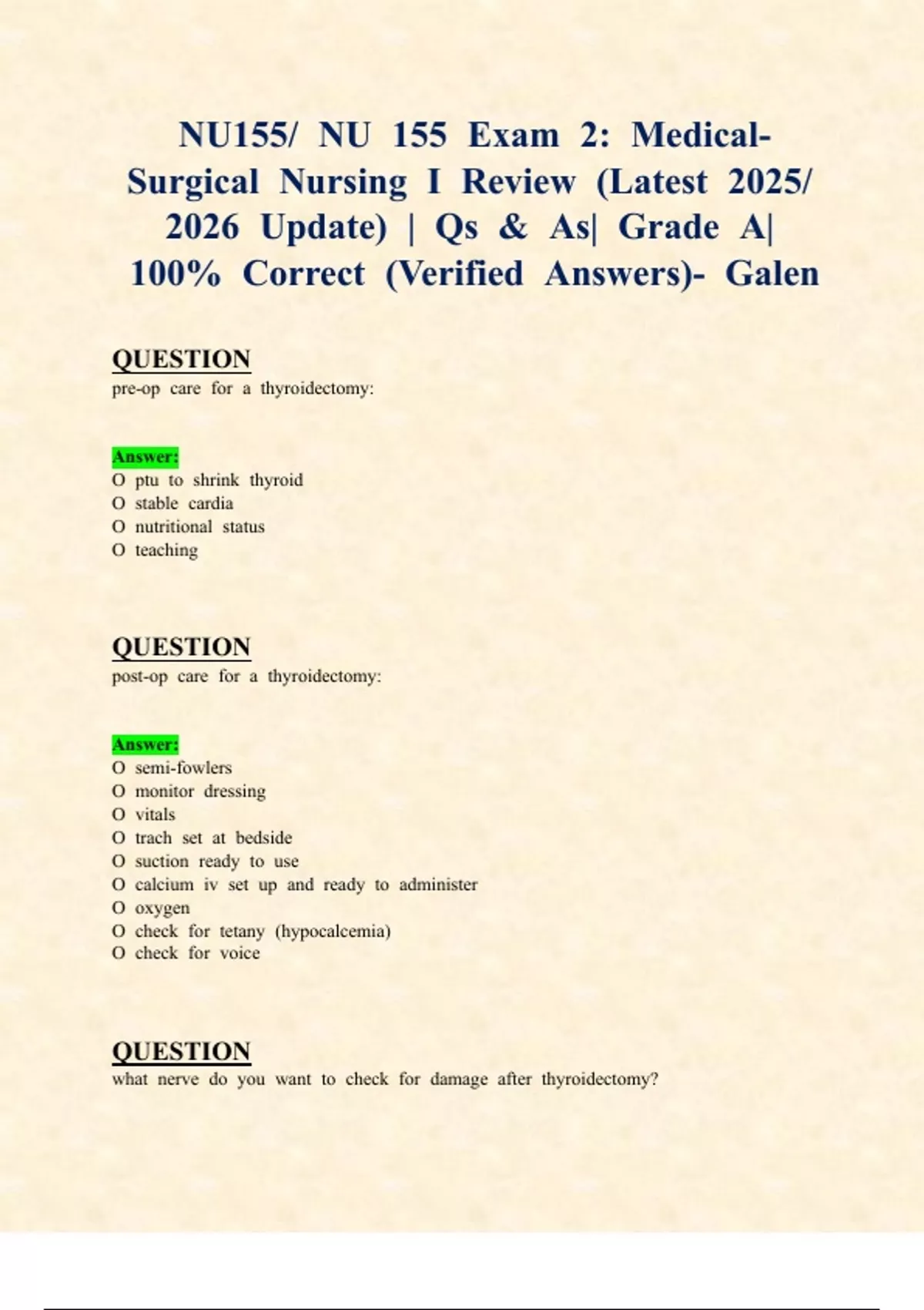 NU155/ NU 155 Exam 2: Medical-Surgical Nursing I Review (Latest 2025/ ...
