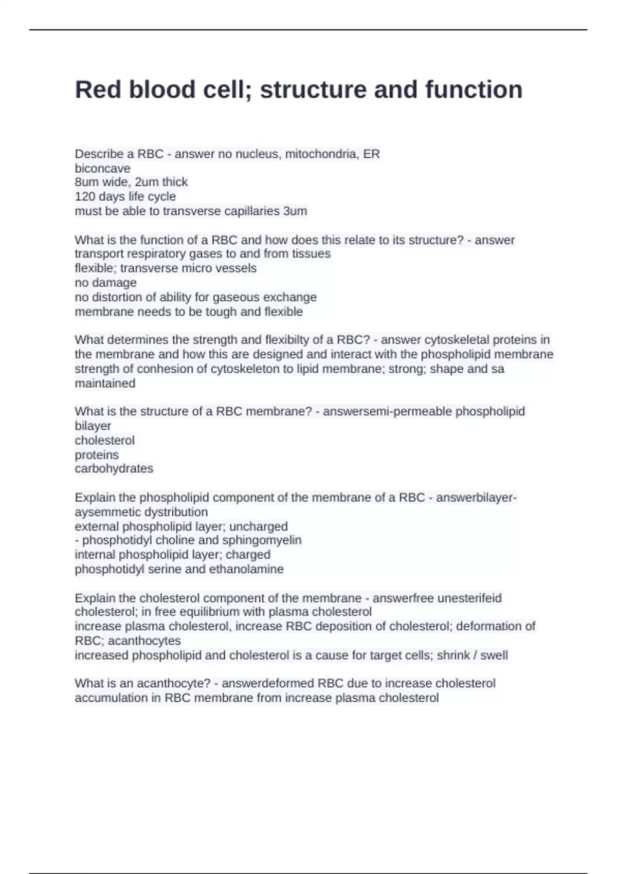 Red blood cell; structure and function Questions with Correct Answers - RBC - Stuvia US