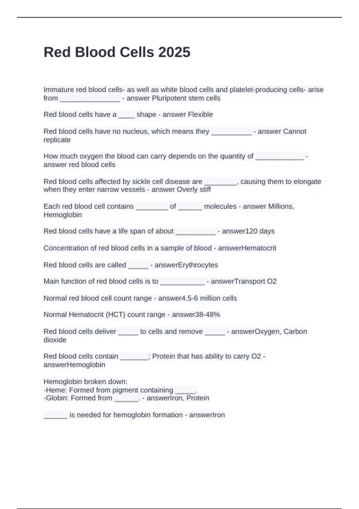 Red Blood Cells 2025 Questions with Accurate Answers - RBC - Stuvia US