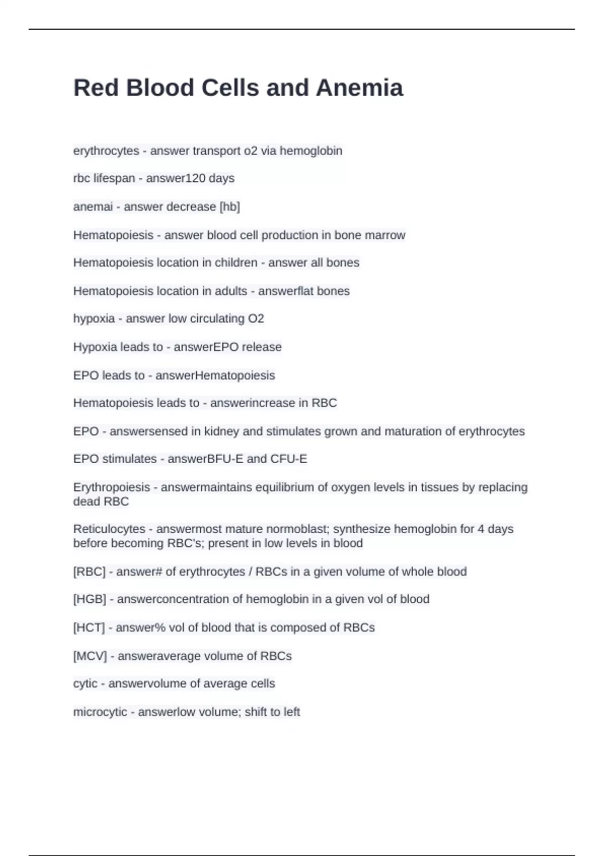 Red Blood Cells and Anemia Questions and Answers 100% Correct - RBC - Stuvia US