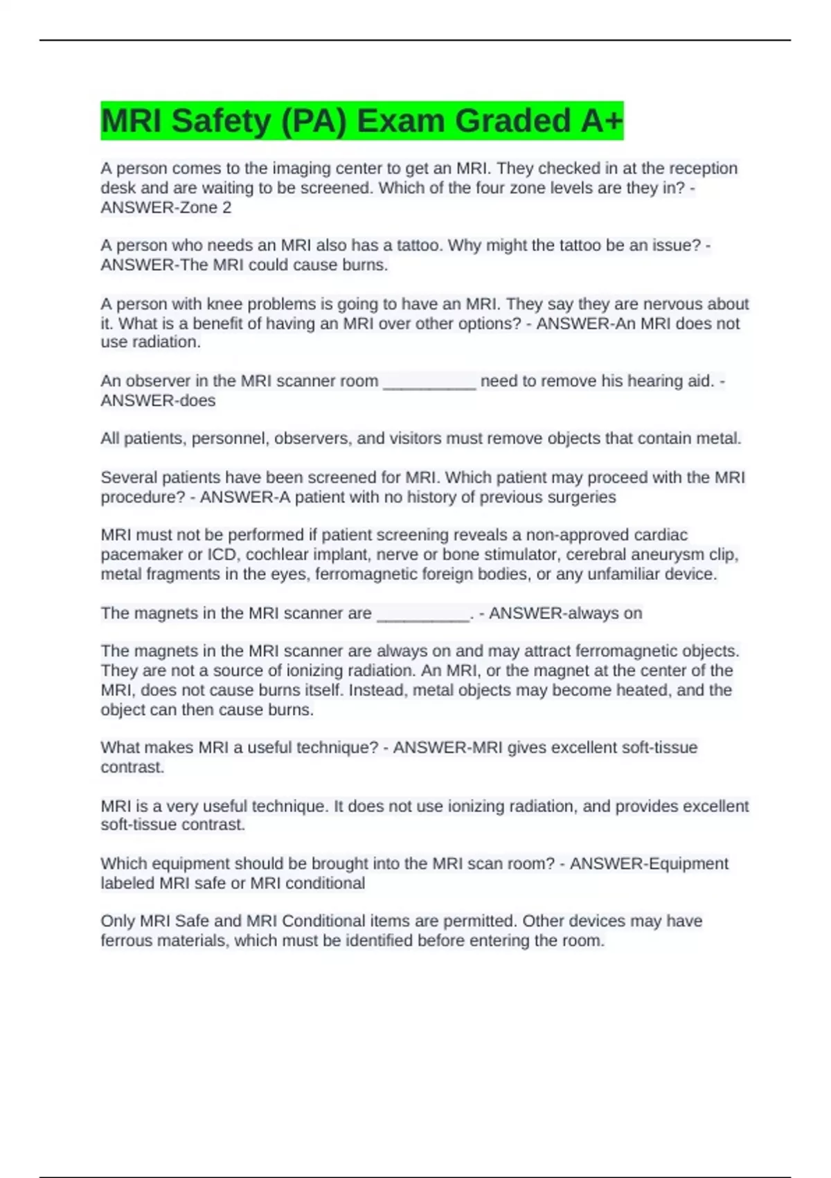 MRI Safety (PA) Exam Graded A+ - MRI Safety - Stuvia US