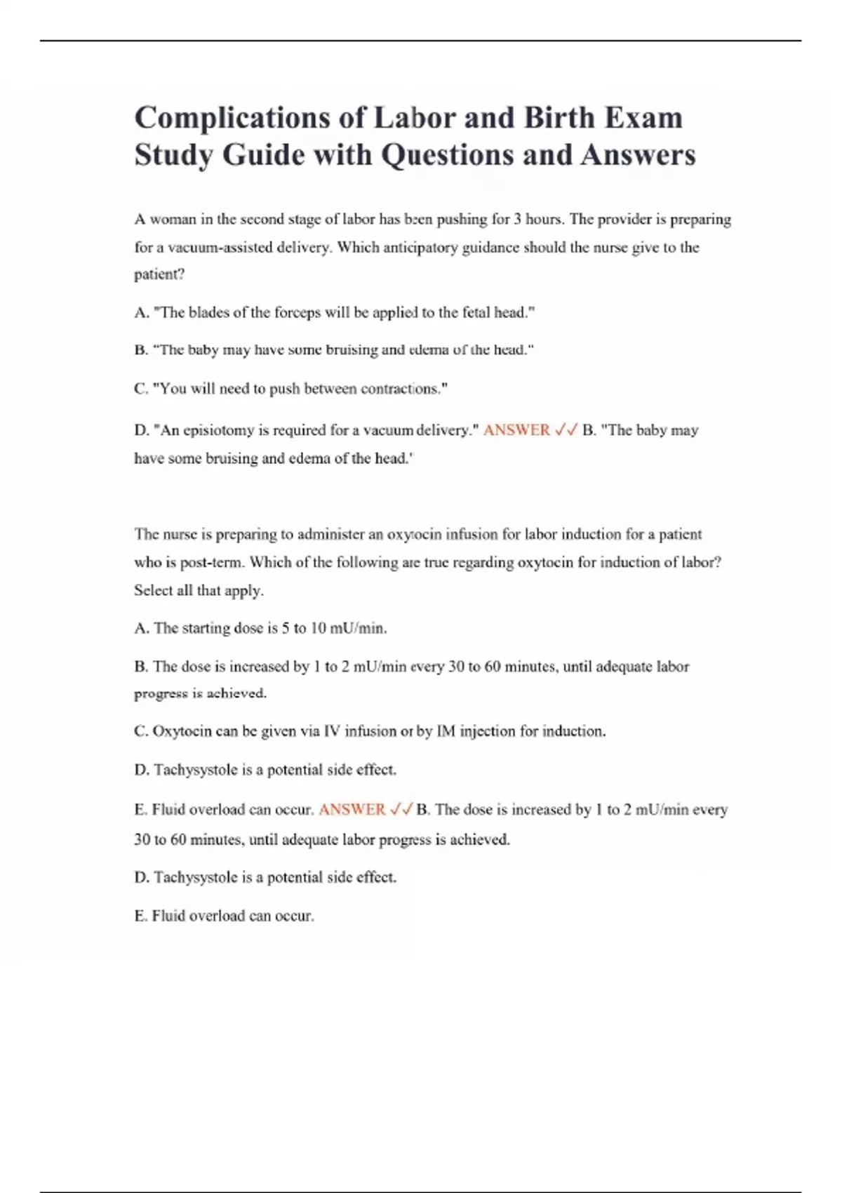 Complications of Labor and Birth Exam Study Guide with Questions and ...