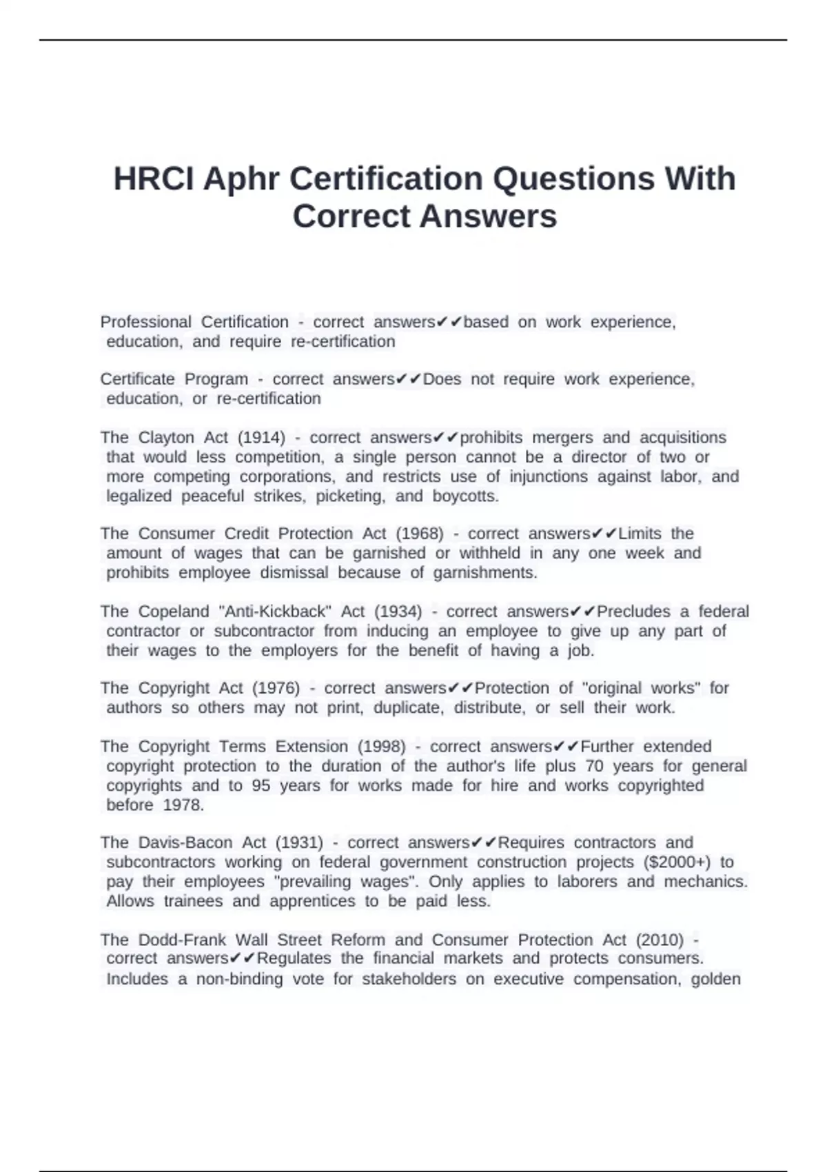HRCI Aphr Certification Questions With Correct Answers - APHR ...