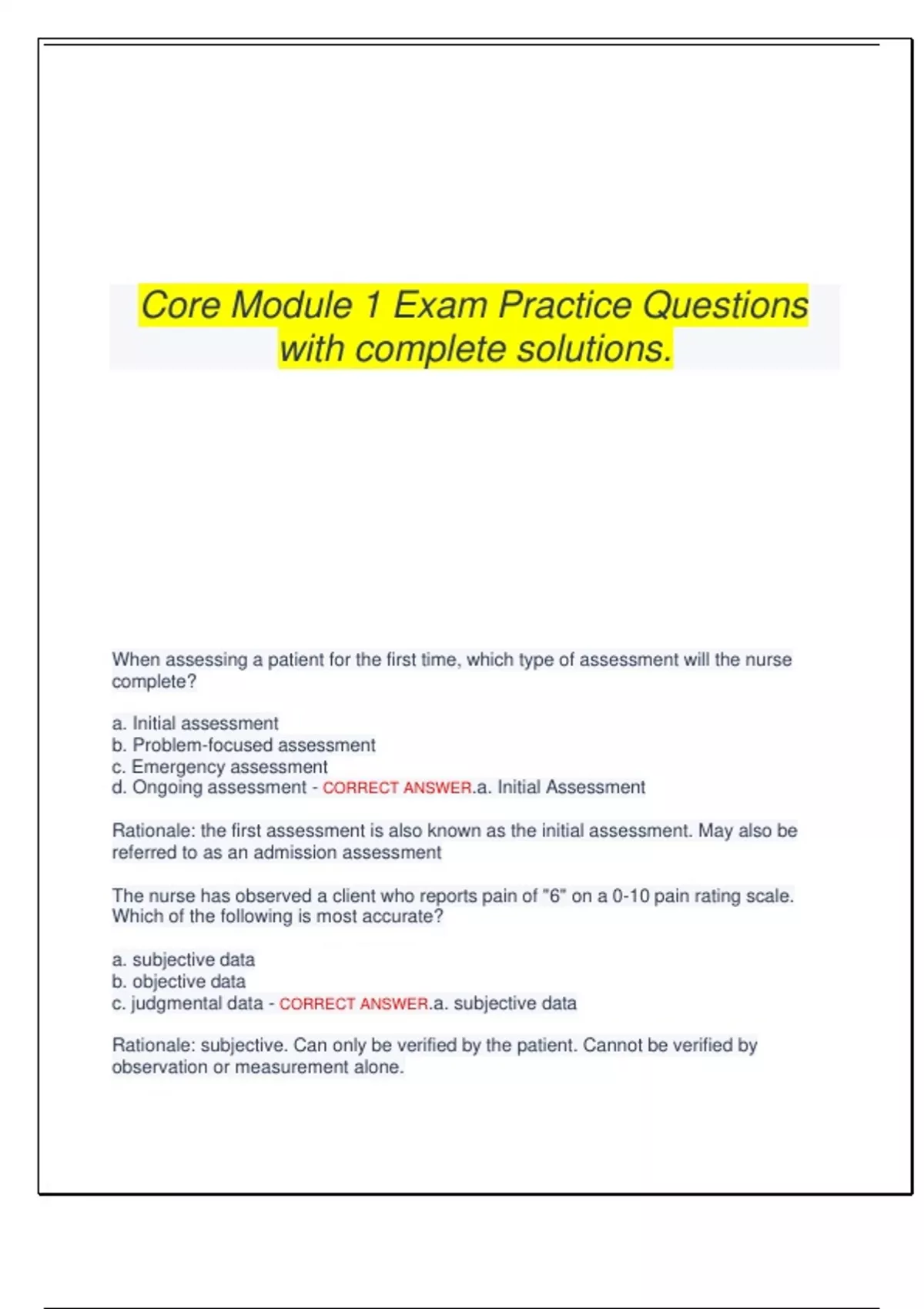 Core Module 1 Exam Practice Questions with complete solutions - Core ...