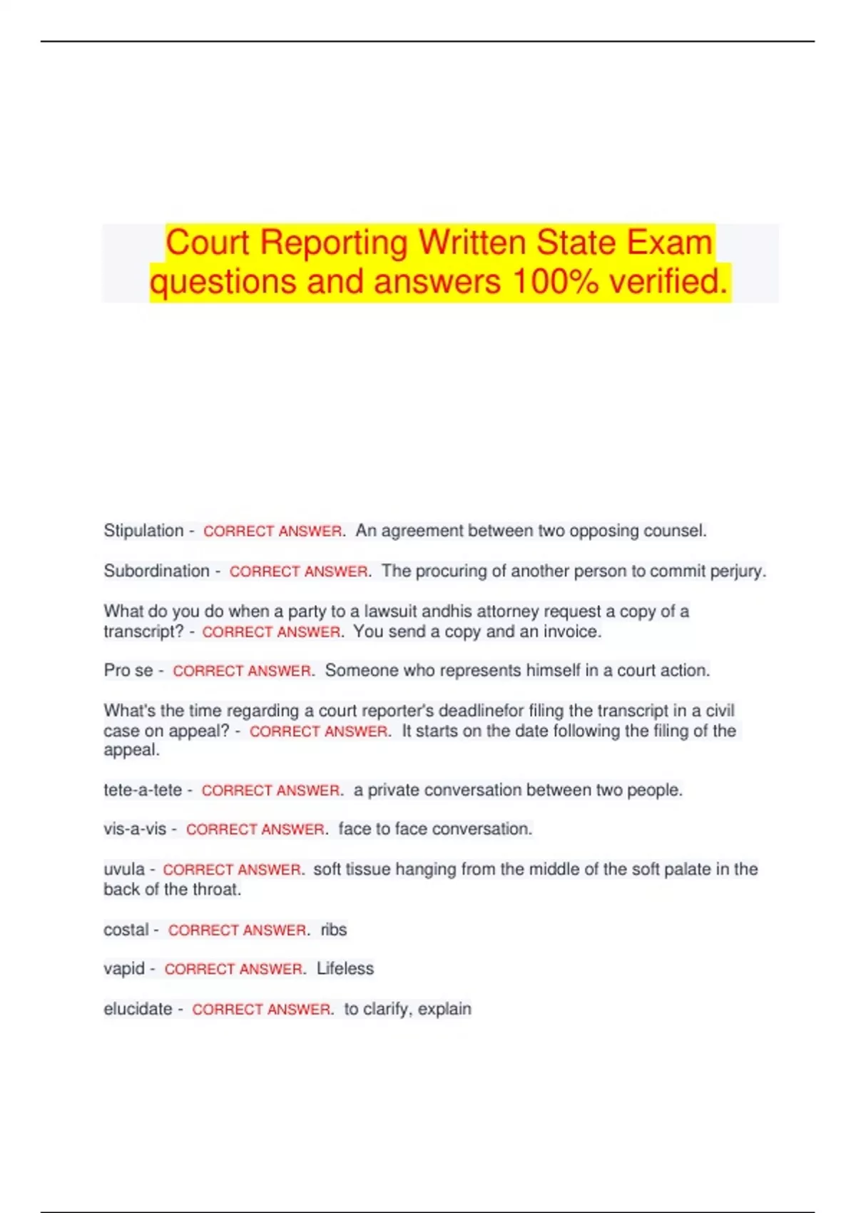Court Reporting Written State Exam questions and answers 100% verified ...