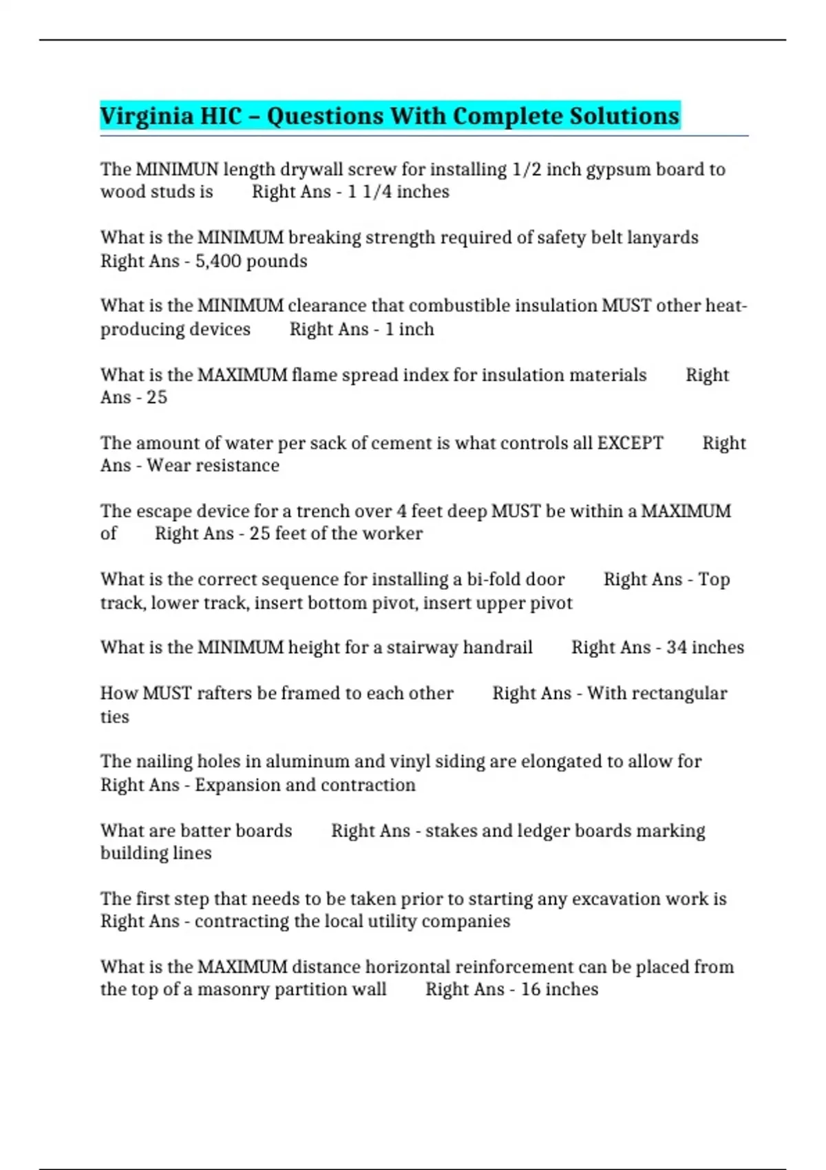 Virginia HIC – Questions With Complete Solutions - Virginia HIC - Stuvia US