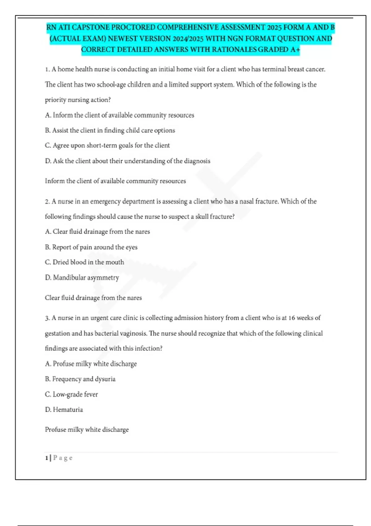 RN ATI CAPSTONE PROCTORED COMPREHENSIVE ASSESSMENT 2025 FORM A AND B ...