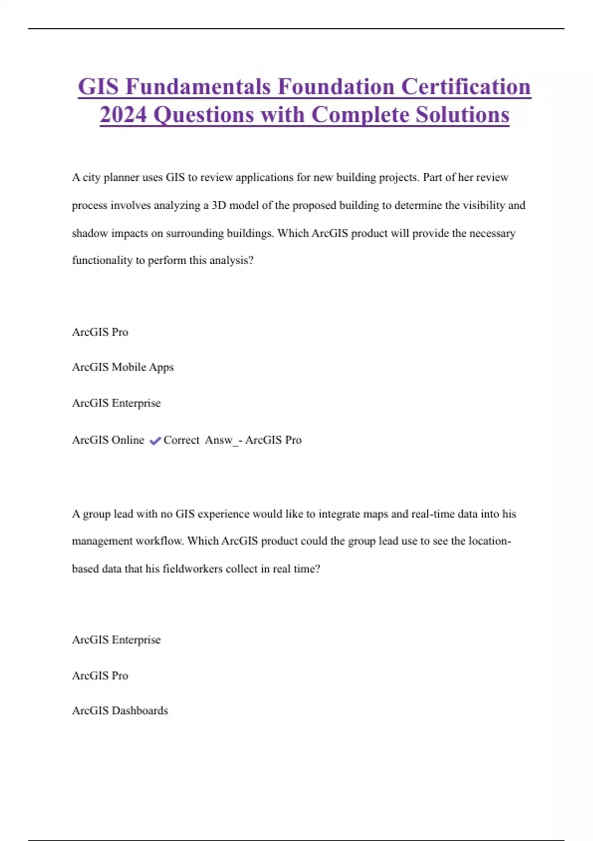 GIS Fundamentals Foundation Certification 2024 Questions with Complete ...