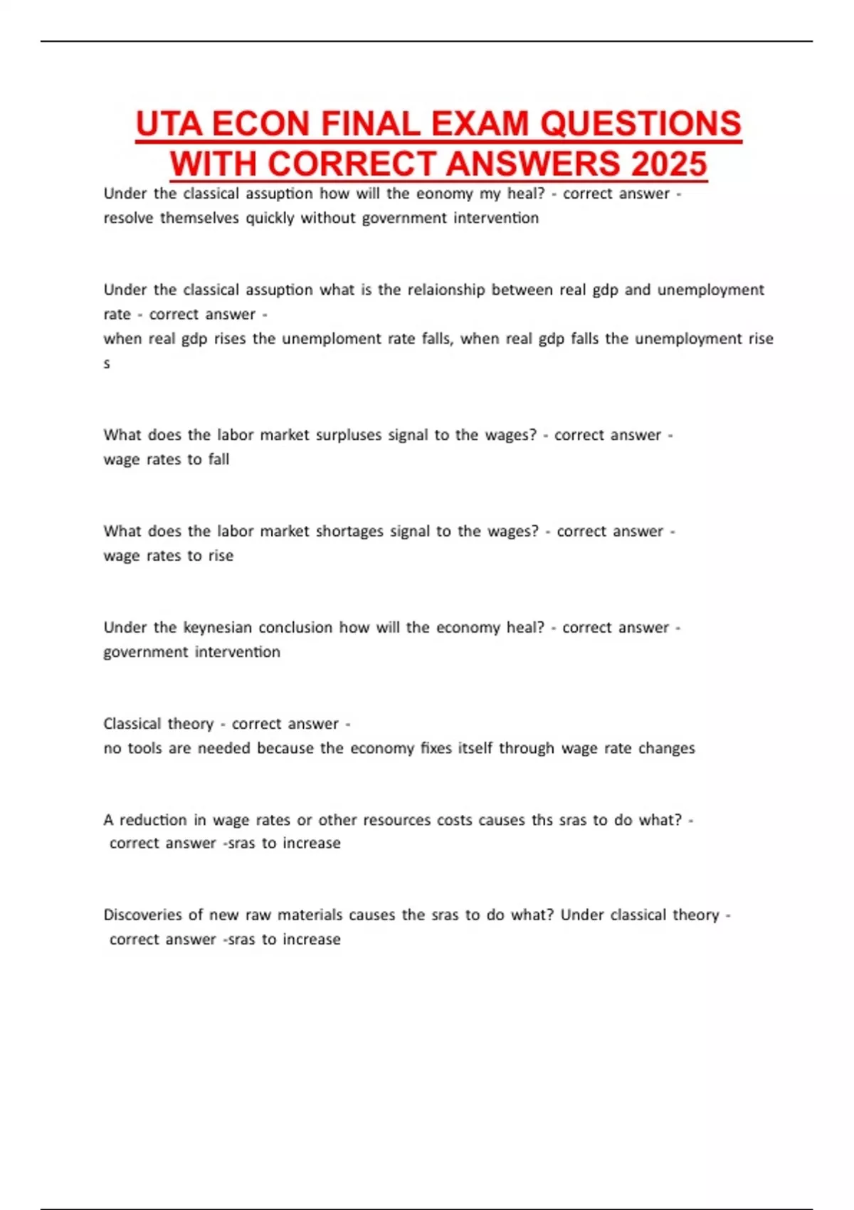 UTA ECON FINAL EXAM QUESTIONS WITH CORRECT ANSWERS 2025 - UTA - Stuvia US