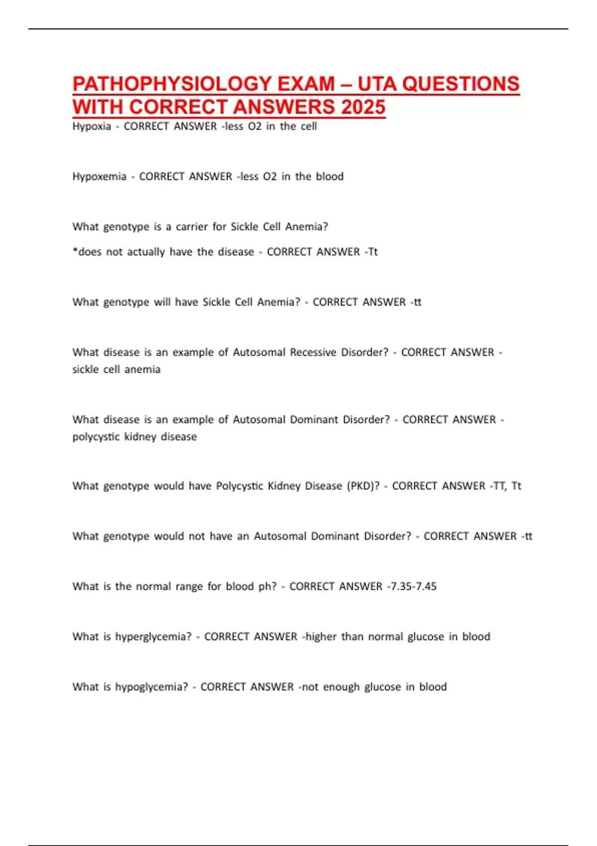 PATHOPHYSIOLOGY EXAM – UTA QUESTIONS WITH CORRECT ANSWERS 2025 - UTA ...