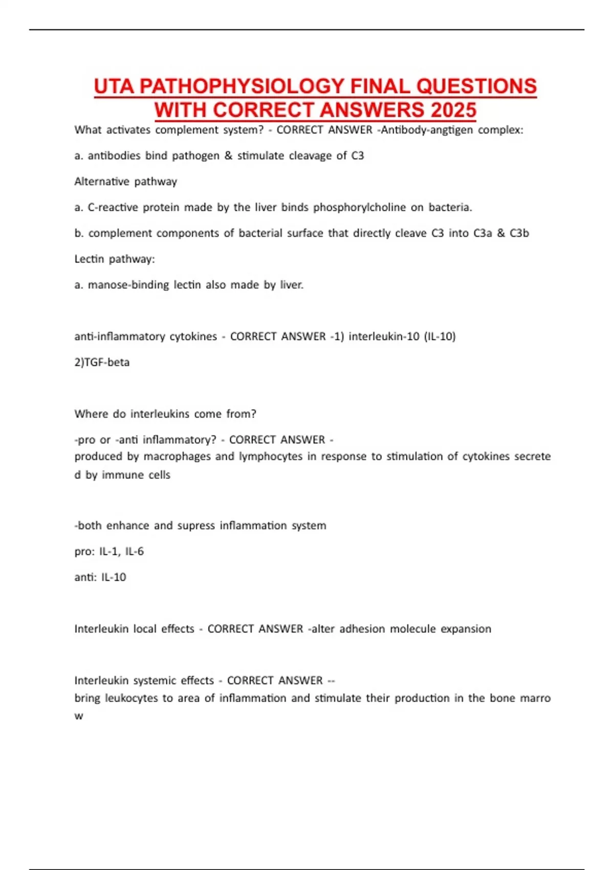 UTA PATHOPHYSIOLOGY FINAL QUESTIONS WITH CORRECT ANSWERS 2025 - UTA ...