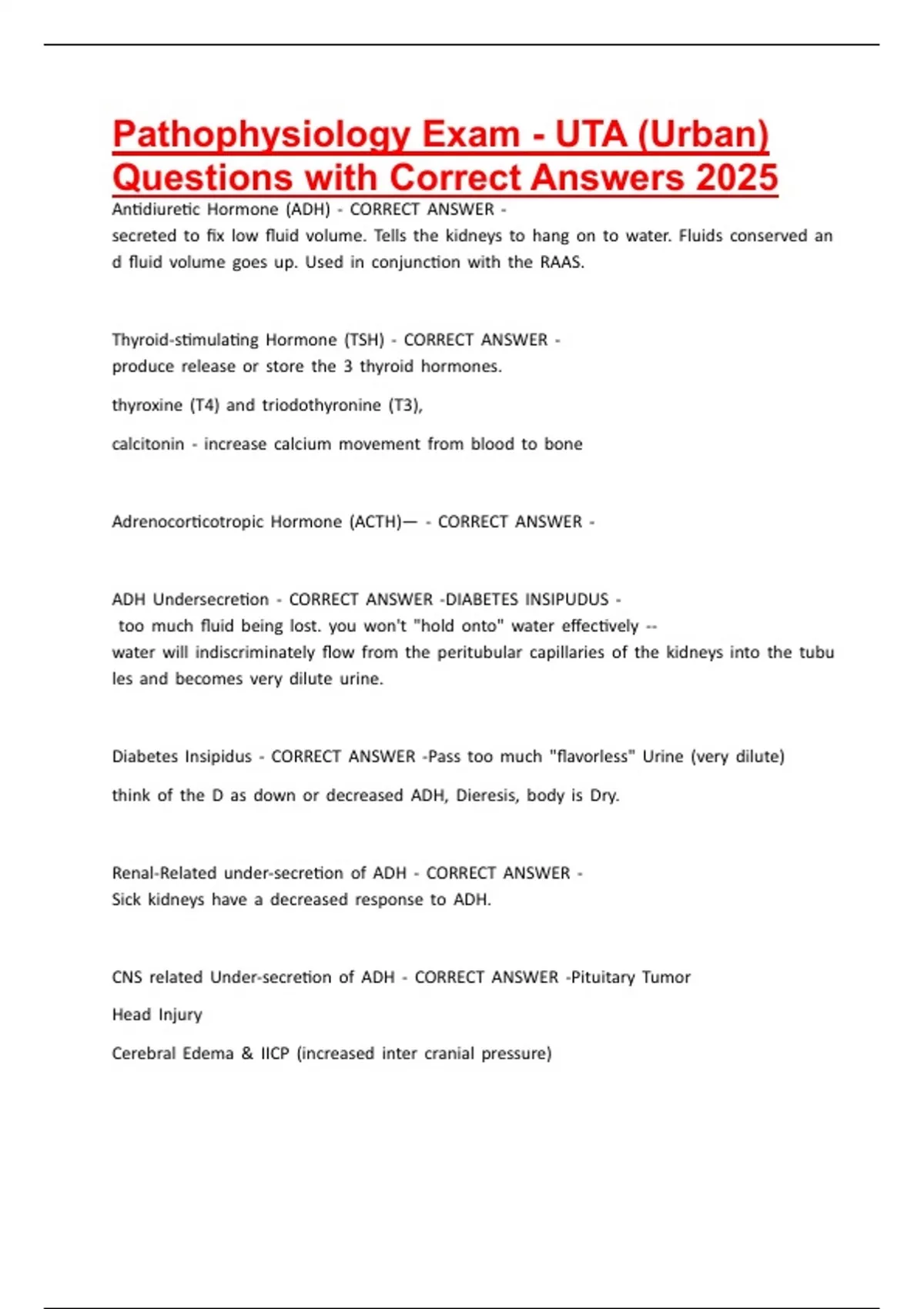 Pathophysiology Exam - UTA (Urban) Questions with Correct Answers 2025 ...