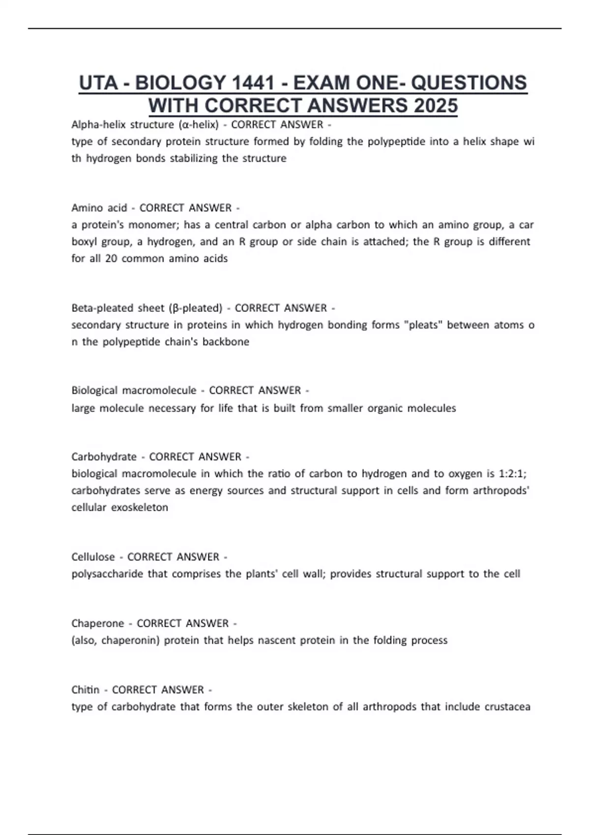 UTA - BIOLOGY 1441 - EXAM ONE- QUESTIONS WITH CORRECT ANSWERS 2025 ...