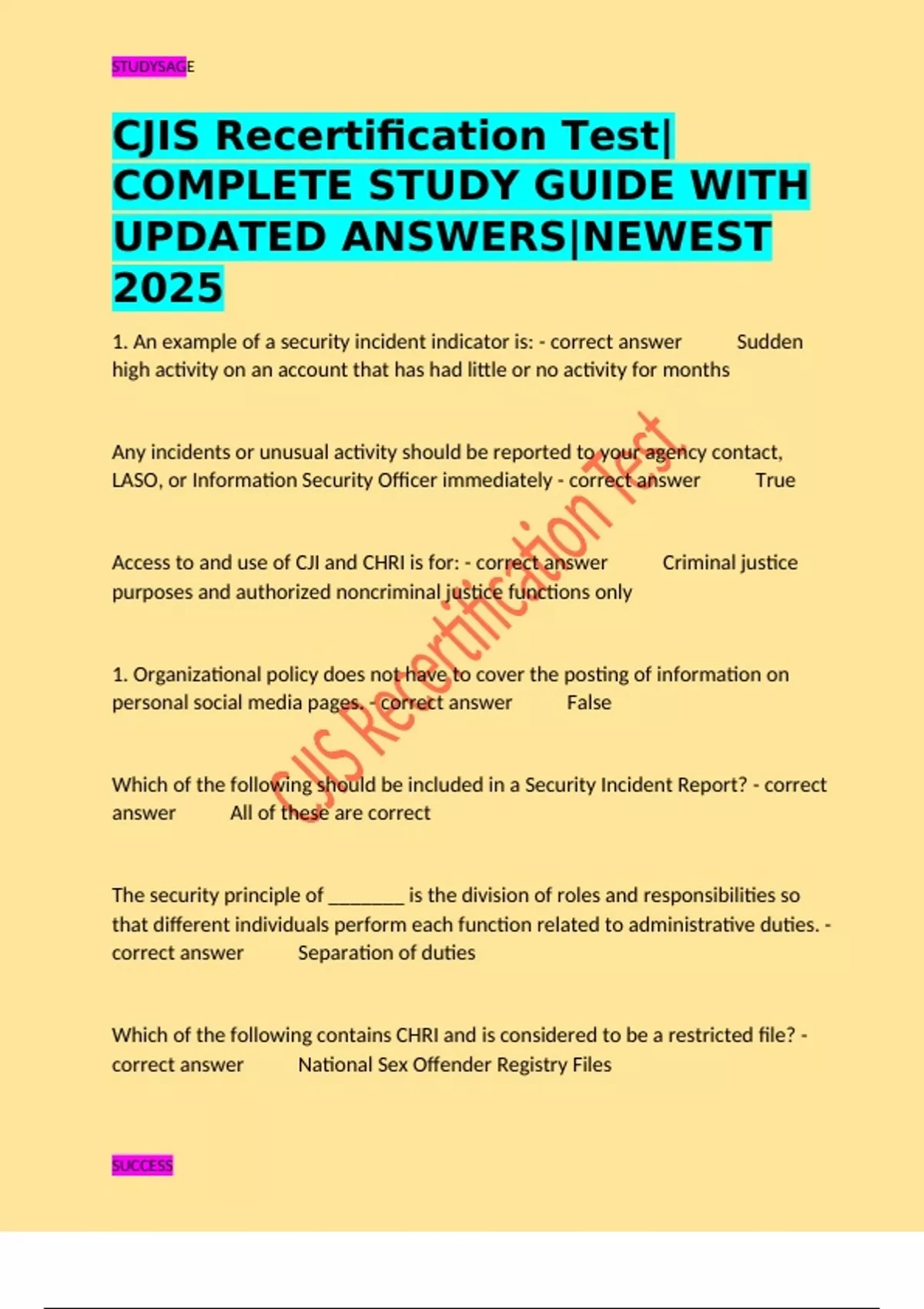 CJIS Recertification Test| COMPLETE STUDY GUIDE WITH UPDATED ANSWERS ...