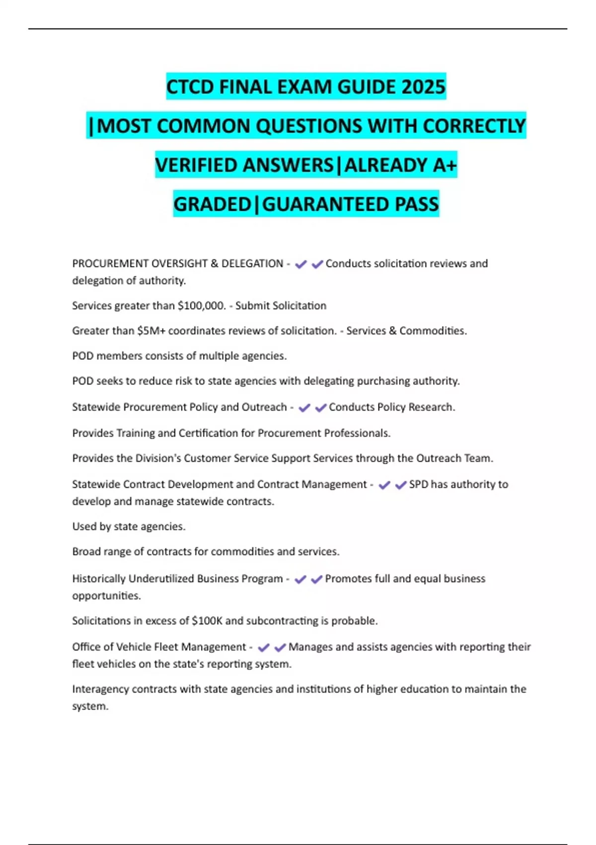 CTCD FINAL EXAM GUIDE 2025 |MOST COMMON QUESTIONS WITH CORRECTLY VERIFIED ANSWERS|ALREADY A+ ...