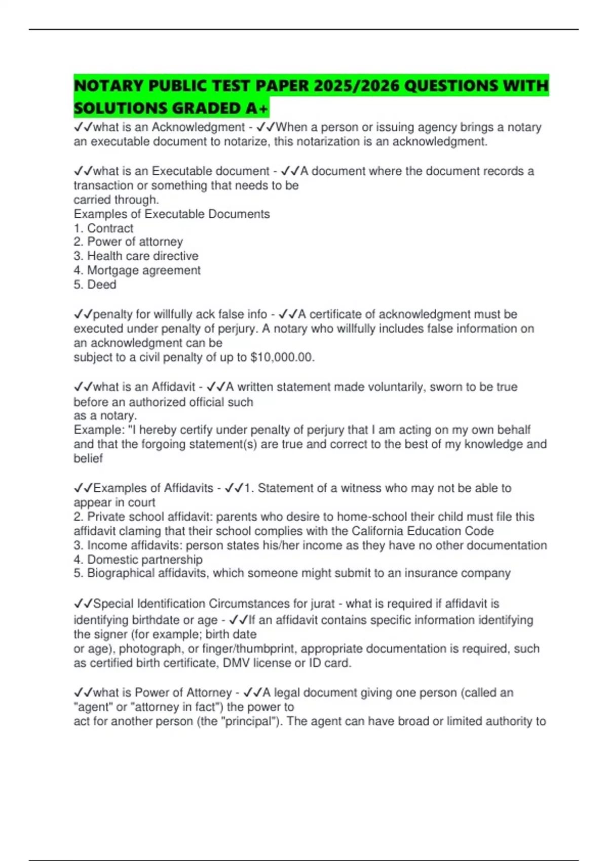 NOTARY PUBLIC TEST PAPER 2025/2026 QUESTIONS WITH SOLUTIONS GRADED A+ ...