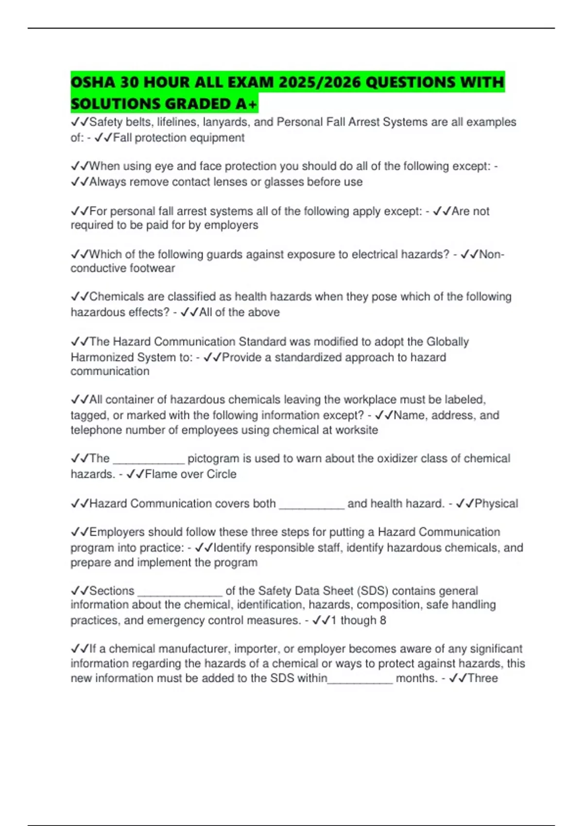 OSHA 30 HOUR ALL EXAM 2025/2026 QUESTIONS WITH SOLUTIONS GRADED A+ ...