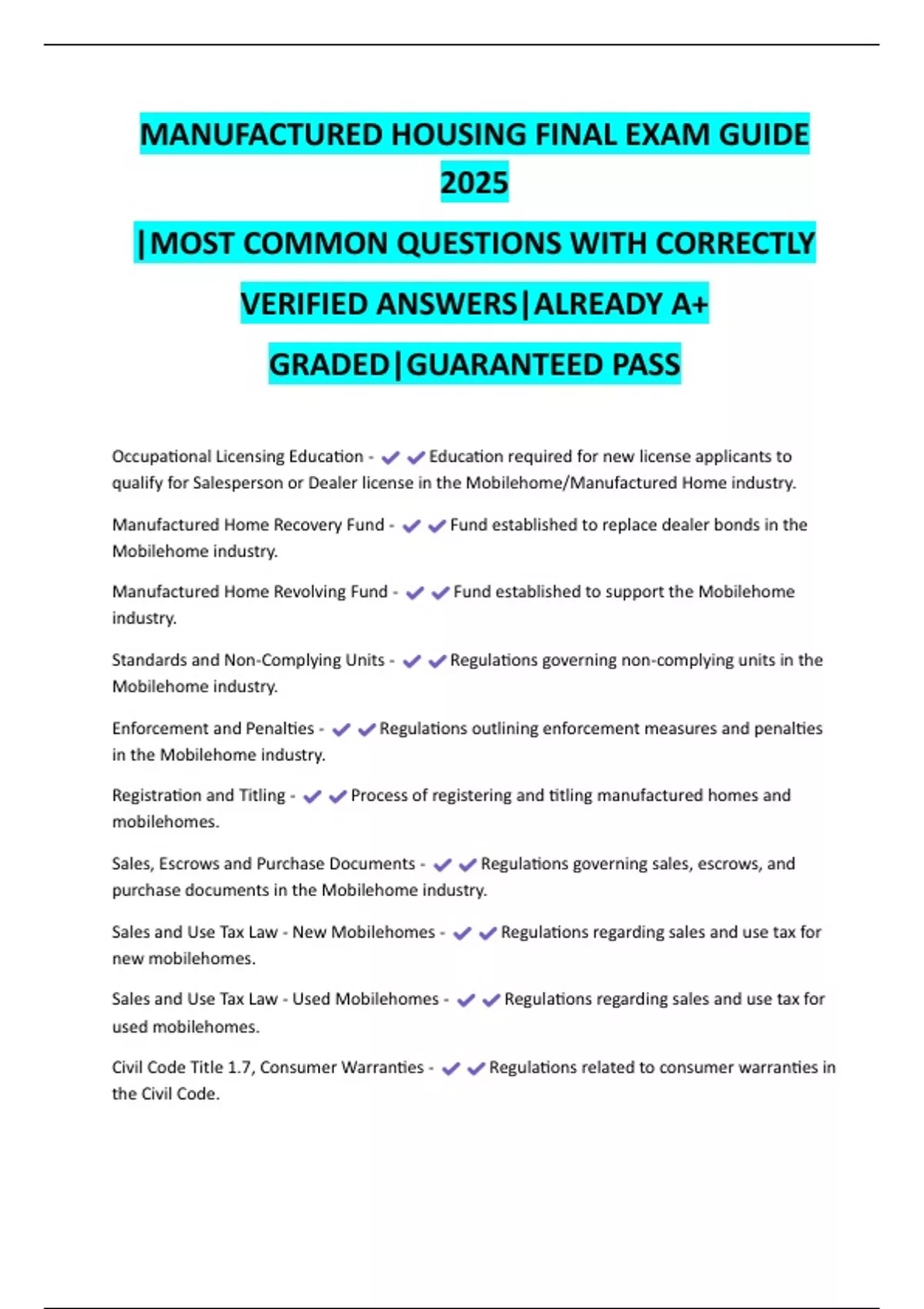 MANUFACTURED HOUSING FINAL EXAM GUIDE 2025 |MOST COMMON QUESTIONS WITH CORRECTLY VERIFIED ...