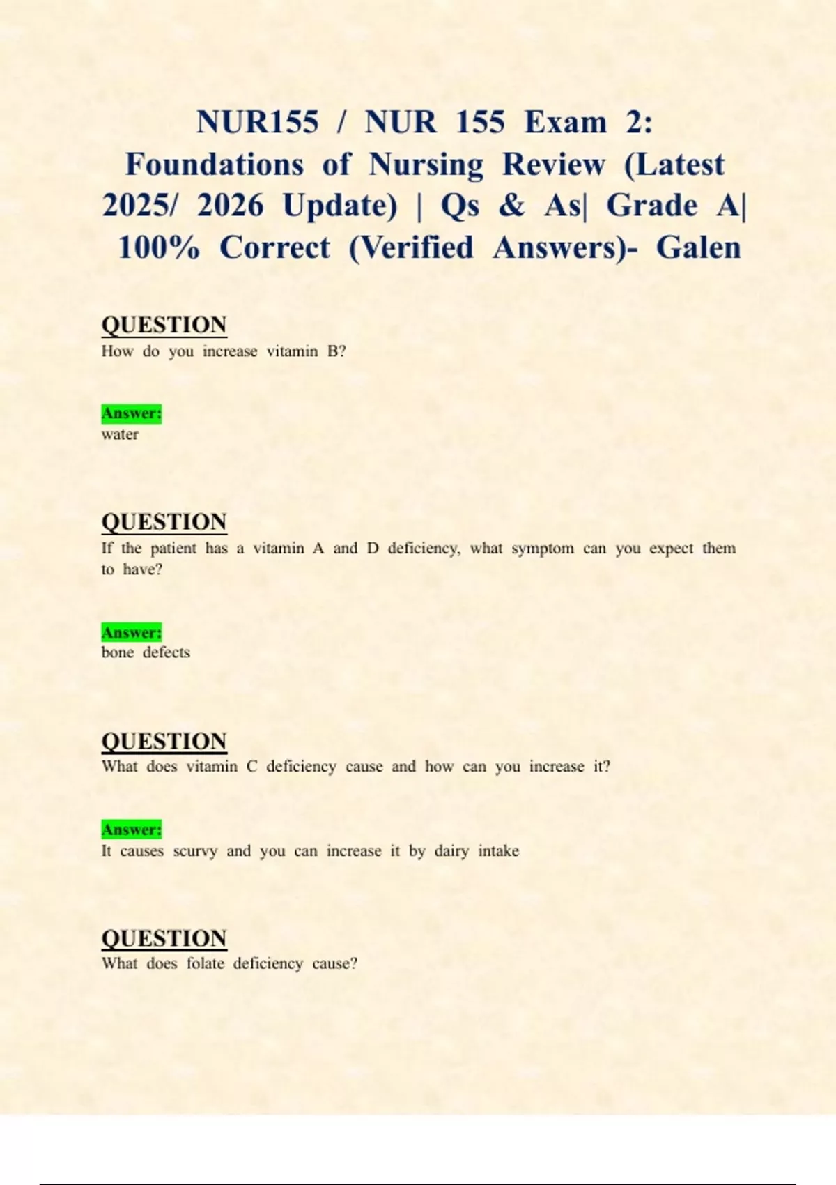 NUR155 / NUR 155 Exams 2: Foundations of Nursing (Latest 2025/ 2026 ...