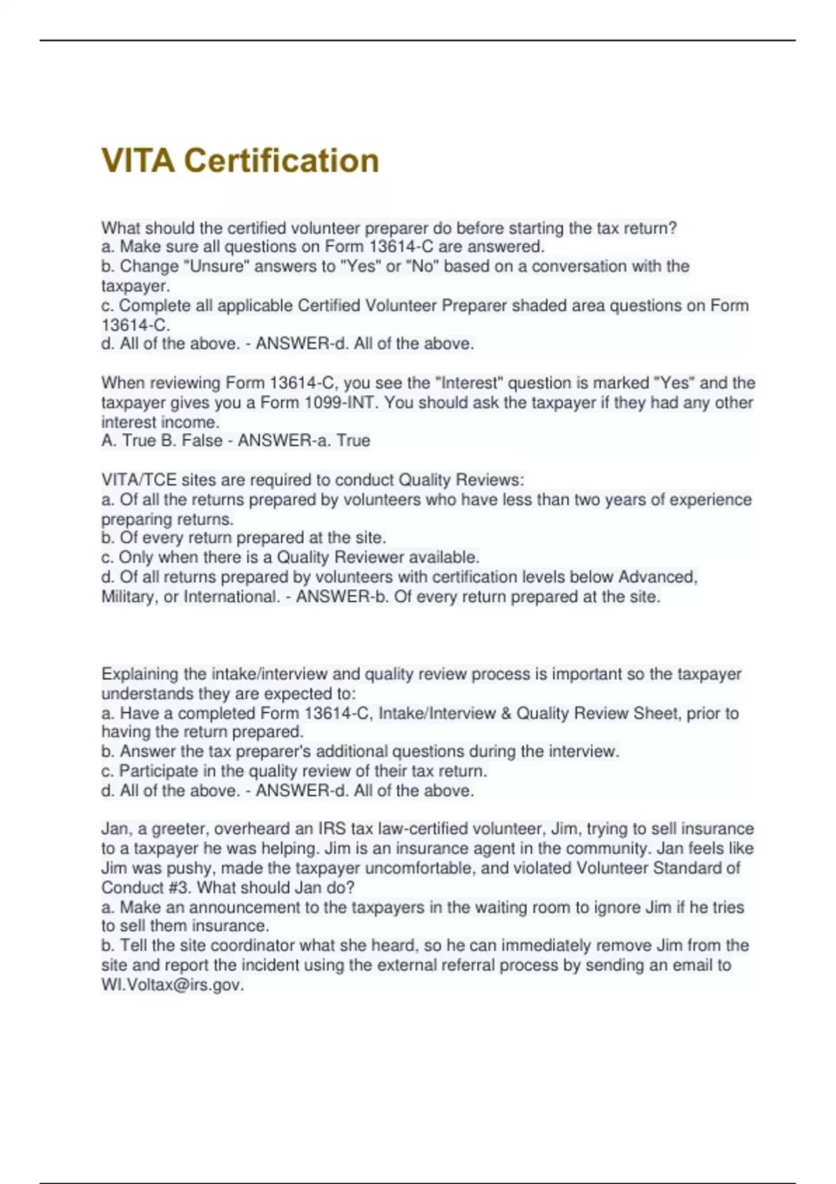 VITA Certification All Possible Questions and Answers 2025 - VITA ...