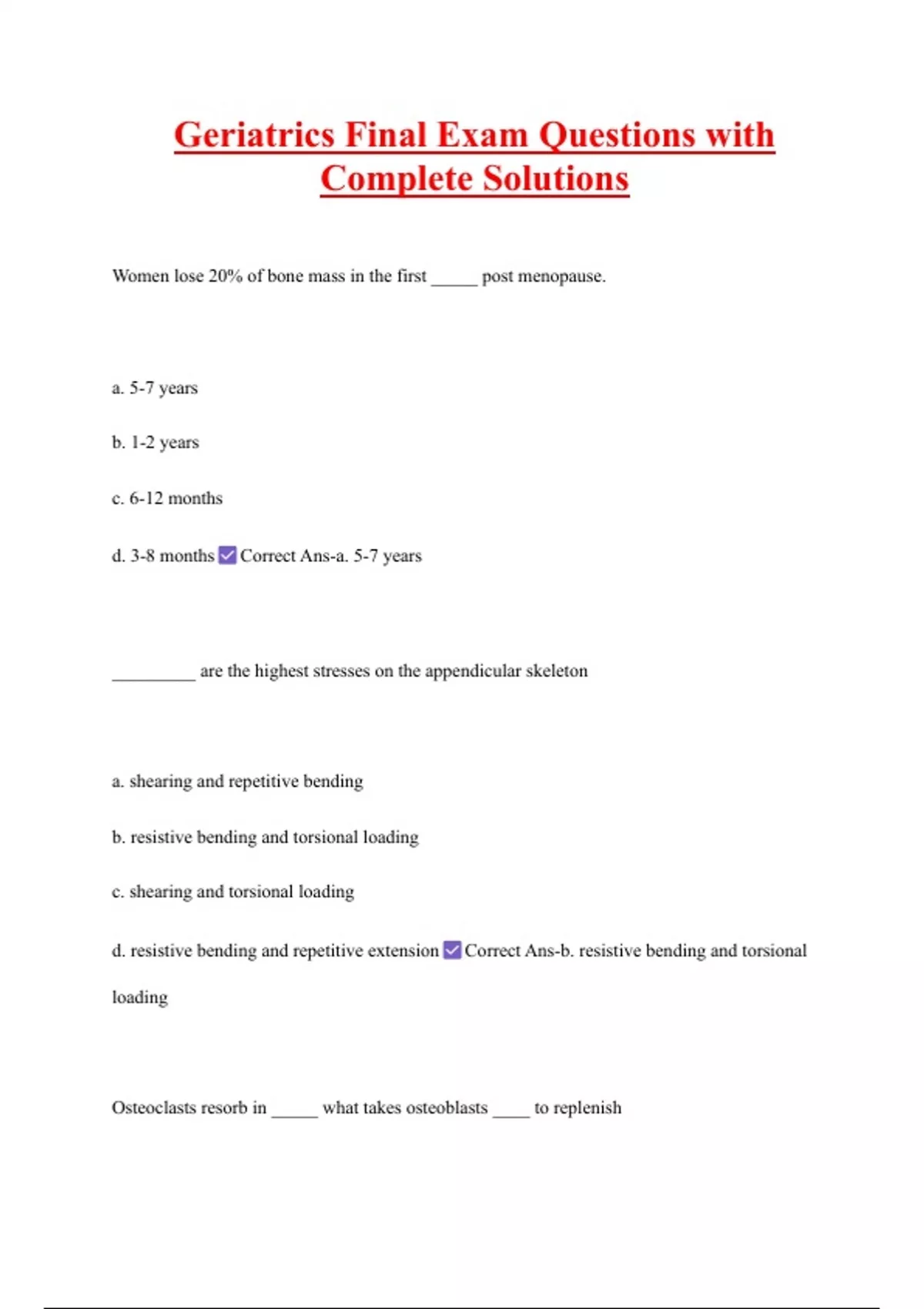 Geriatrics Final Exam Questions with Complete Solutions - Geri ...