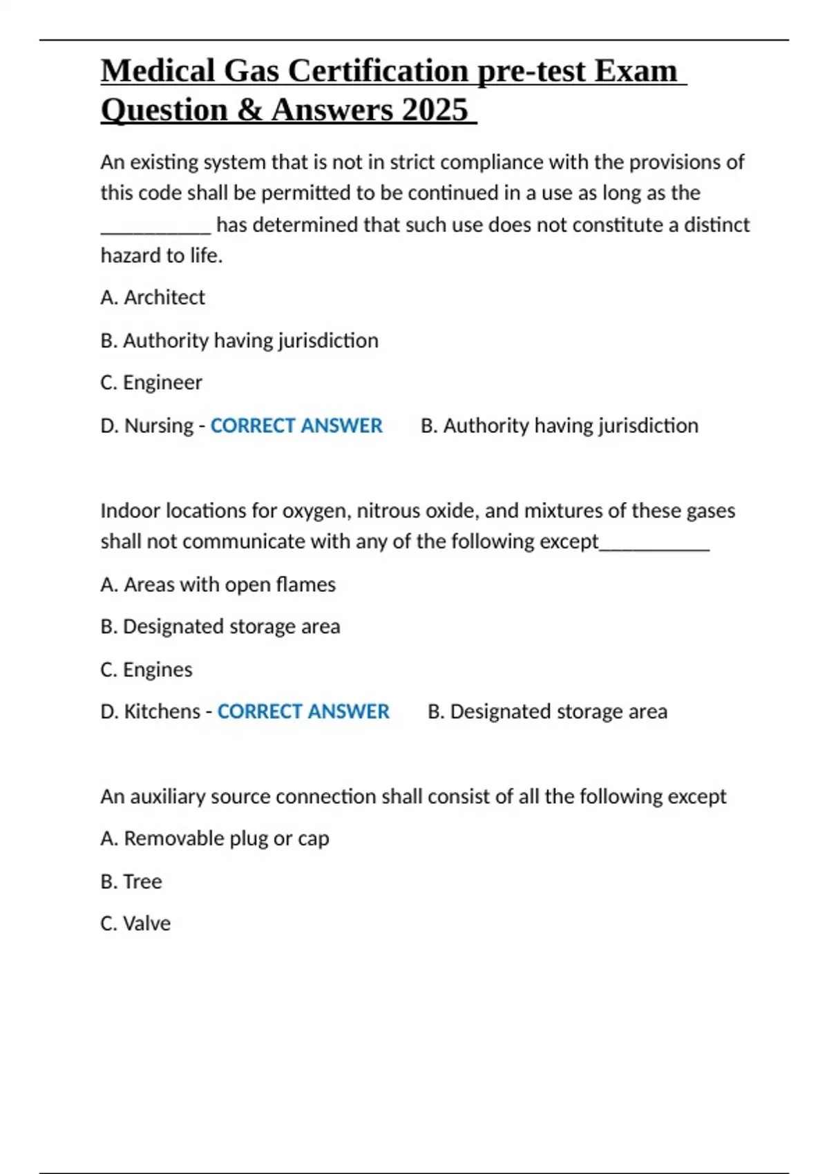 Medical Gas Certification pre-test Exam Question & Answers 2025.docx ...