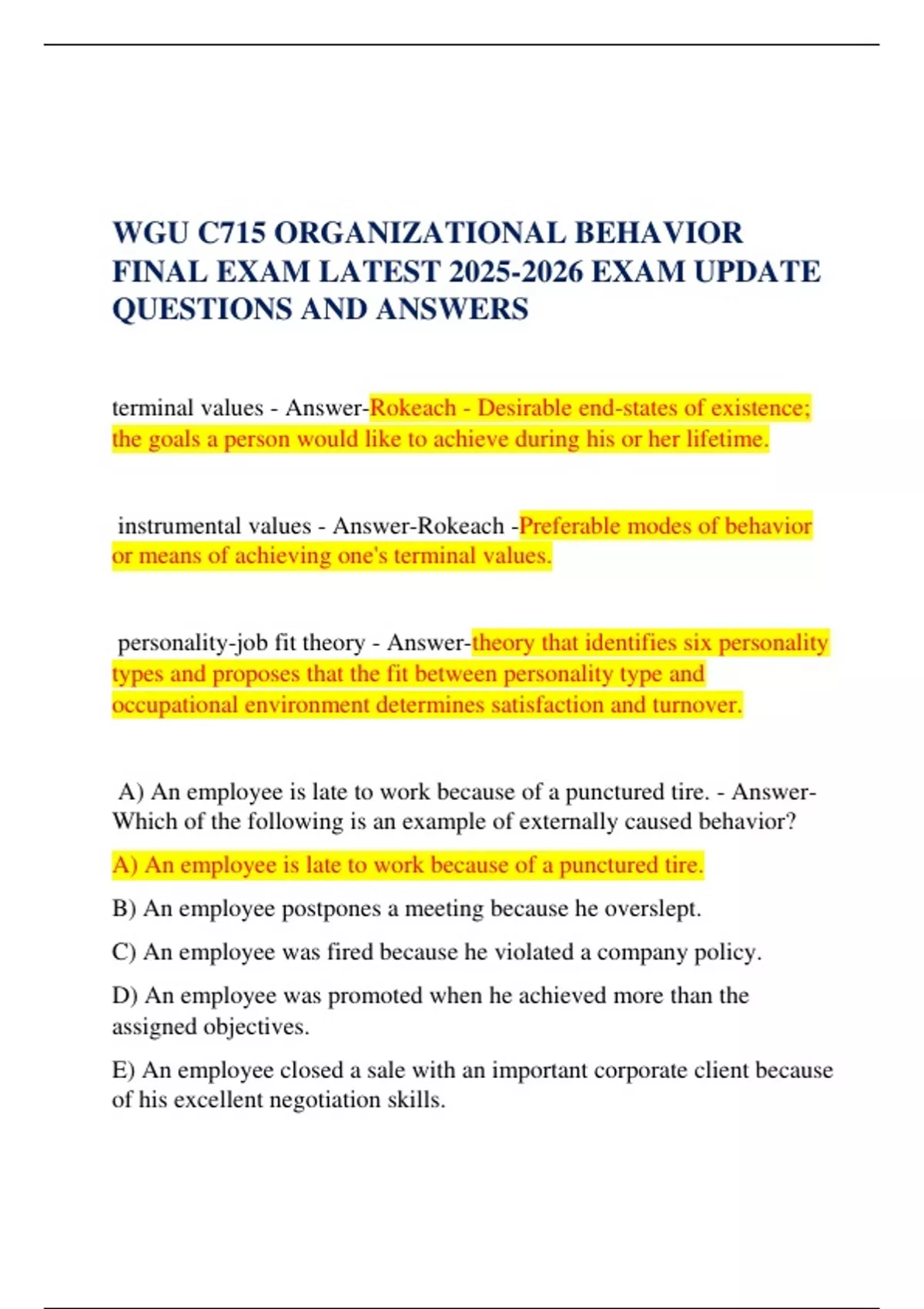 WGU C715 ORGANIZATIONAL BEHAVIOR FINAL EXAM LATEST EXAM UPDATE ...