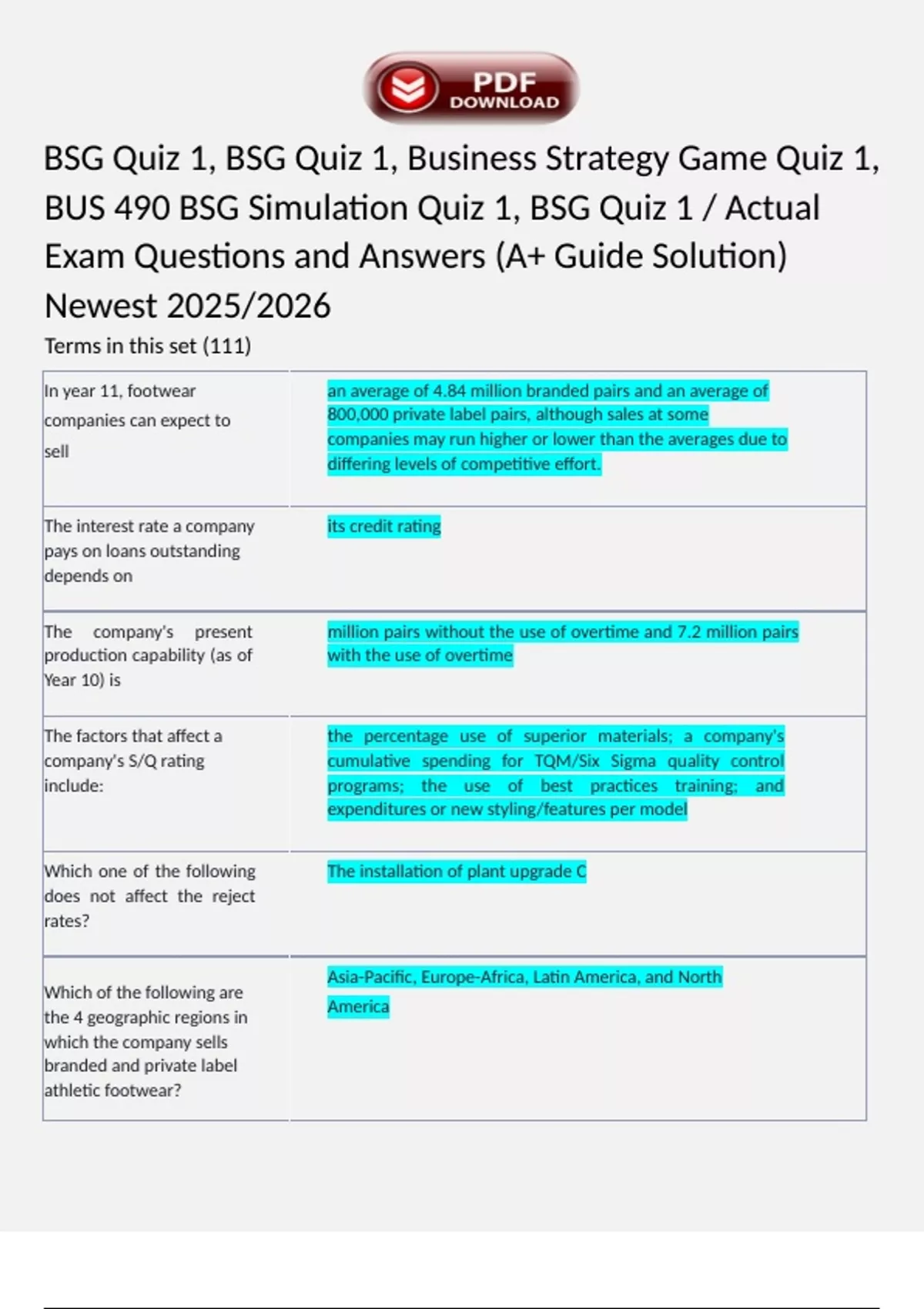 BSG Quiz 1, BSG Quiz 1, Business Strategy Game Quiz 1, BUS 490 BSG Simulation Quiz 1, BSG Quiz 1 ...