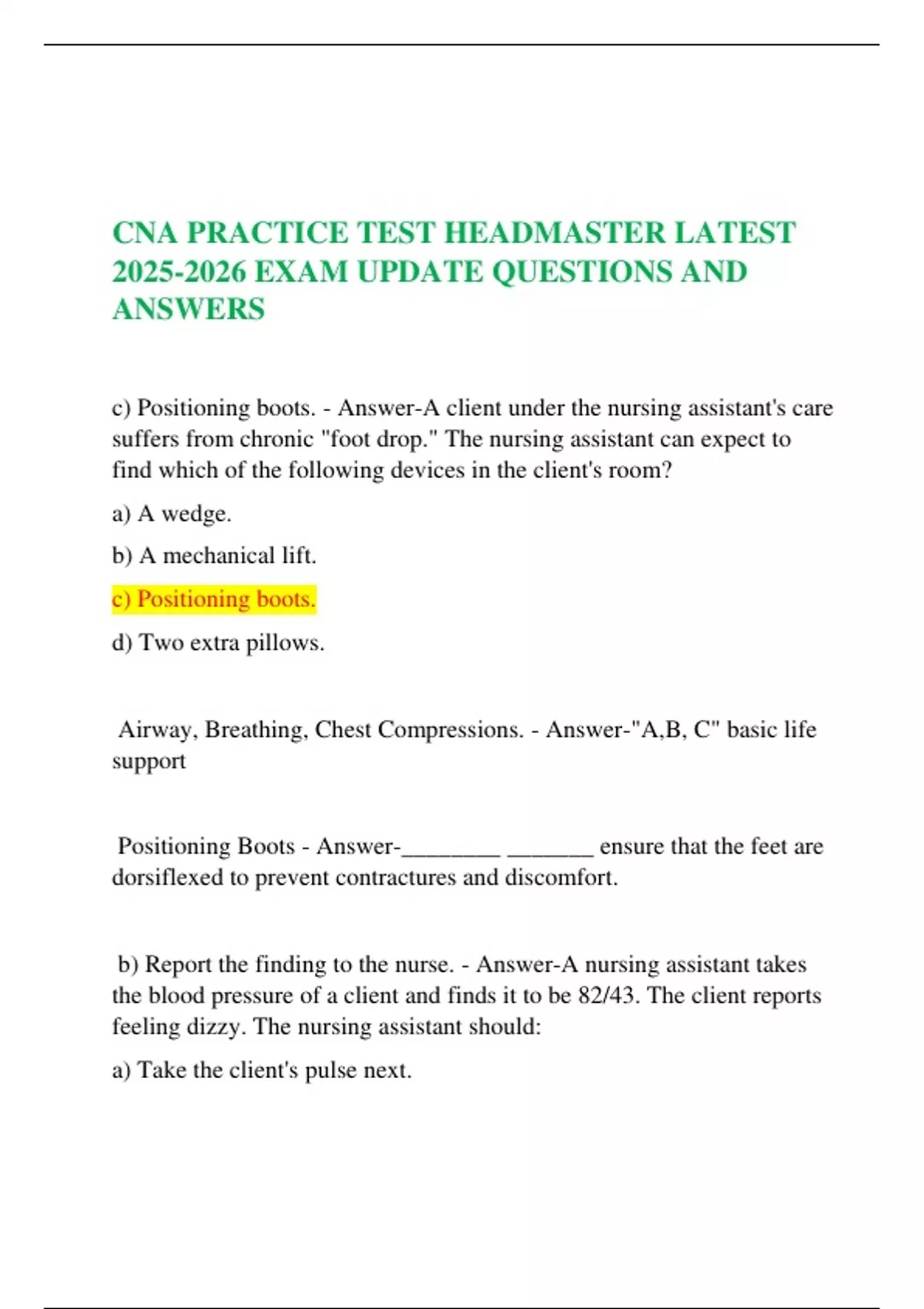 CNA PRACTICE TEST HEADMASTER LATEST EXAM UPDATE QUESTIONS AND ANSWERS ...