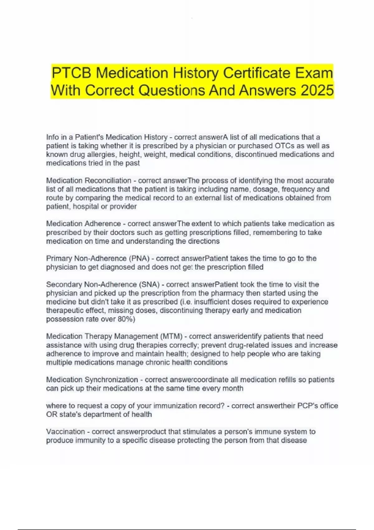 PTCB Medication History Certificate Exam With Correct Questions And ...