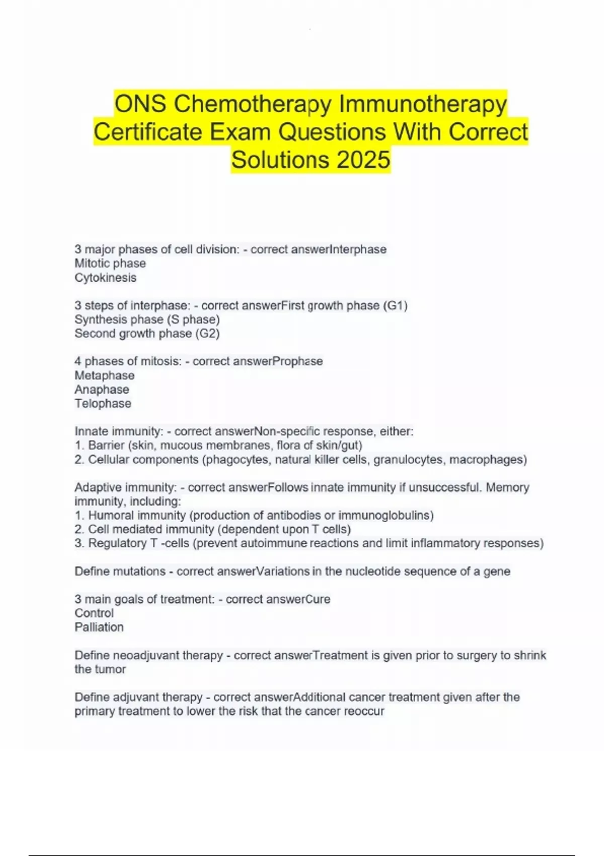 ONS Chemotherapy Immunotherapy Certificate Exam Questions With Correct ...