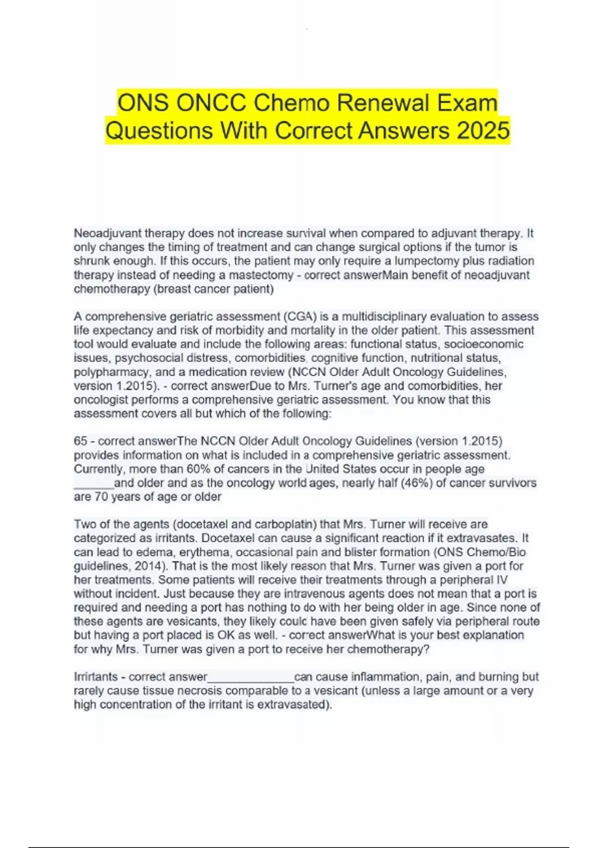 ONS ONCC Chemo Renewal Exam Questions With Correct Answers 2025 - ONS ONCC Chemo Renewal - Stuvia US