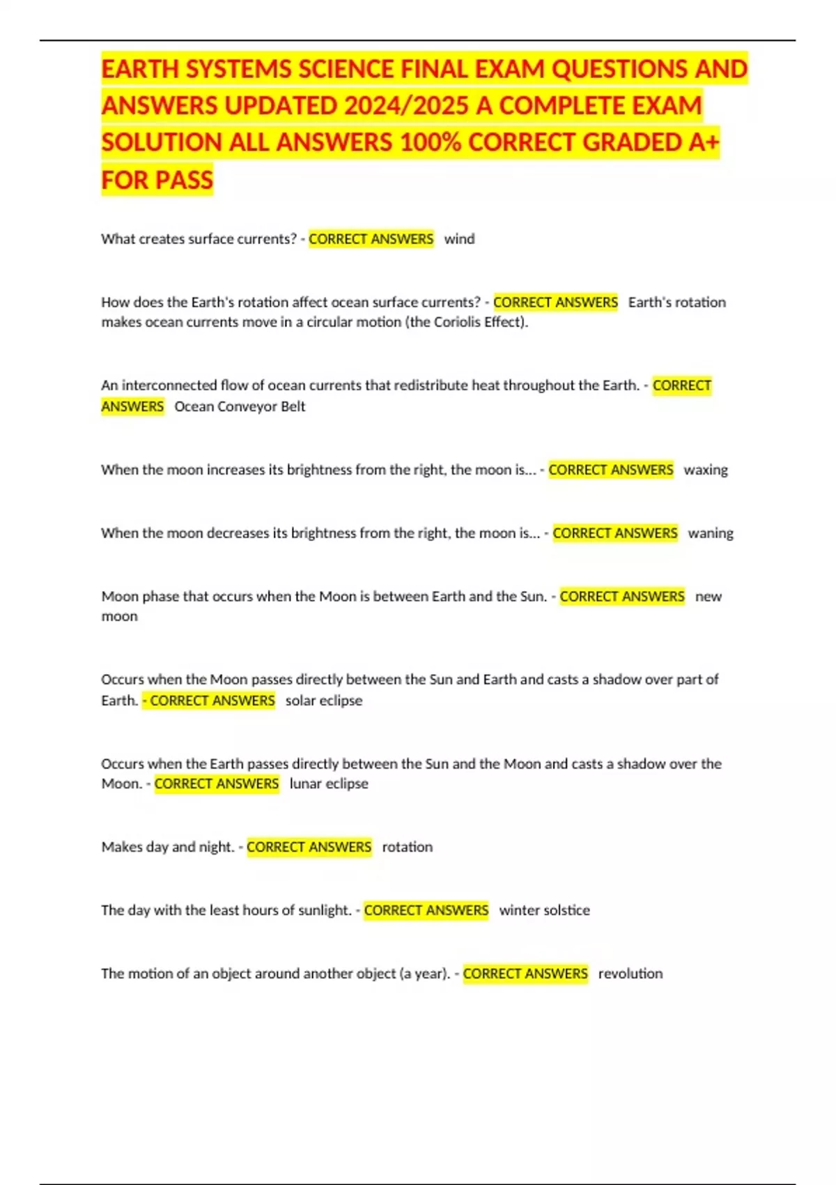 EARTH SYSTEMS SCIENCE FINAL EXAM QUESTIONS AND ANSWERS UPDATED 2024/ ...
