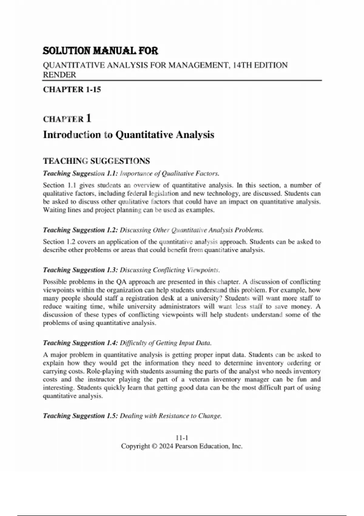 SOLUTIONS MANUAL for Quantitative Analysis for Management 14th Edition ...