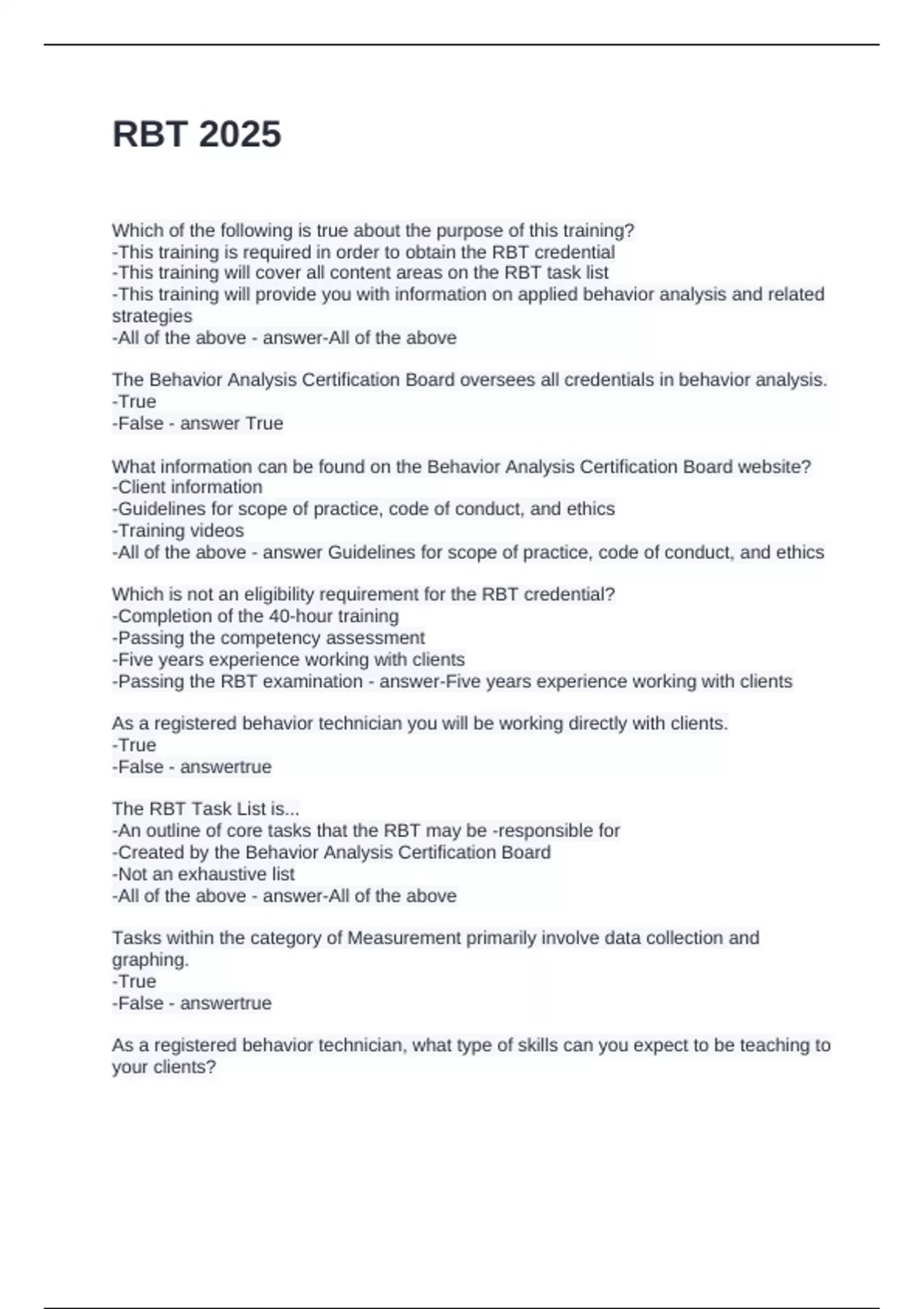 RBT 2025 QUESTIONS WITH CORRECT ANSWERS - Rbt - Stuvia US