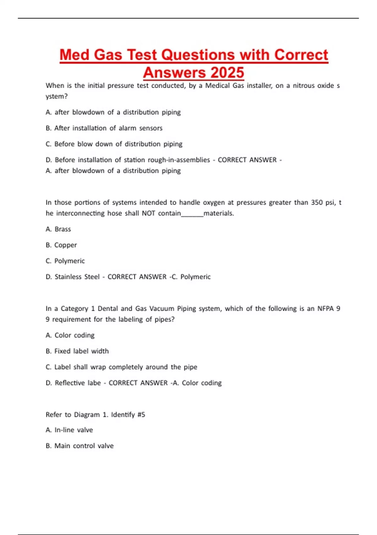 Med Gas Test Questions with Correct Answers 2025 - Medical Gas - Stuvia US