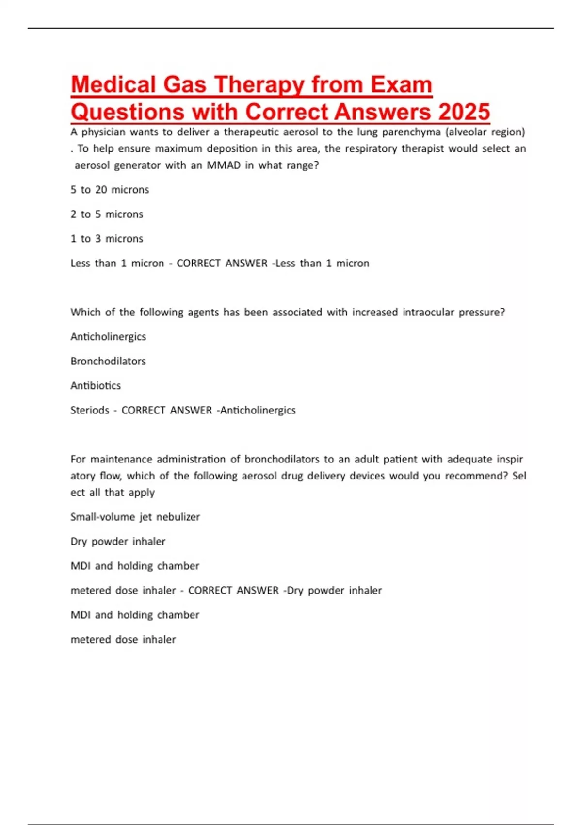 Medical Gas Therapy from Exam Questions with Correct Answers 2025 ...