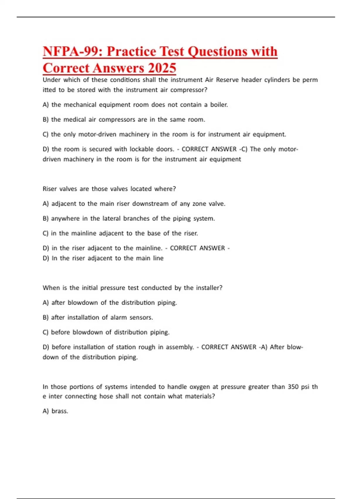 NFPA-99 Practice Test Questions with Correct Answers 2025 - Medical Gas ...
