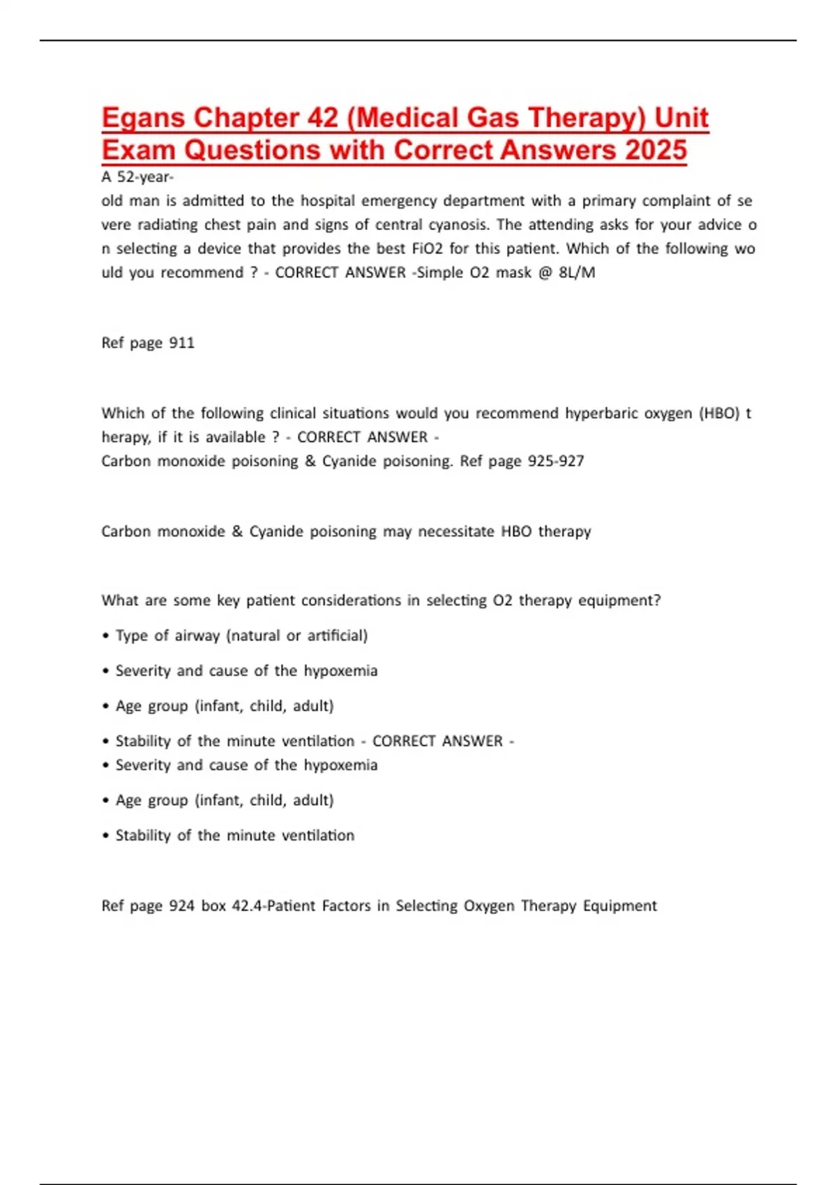 Egans Chapter 42 (Medical Gas Therapy) Unit Exam Questions with Correct ...