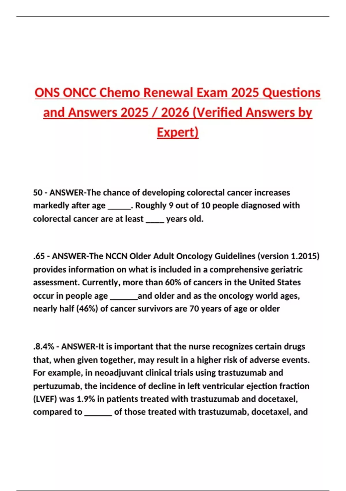 ONS ONCC Chemo Renewal Exam 2025 Questions and Answers 2025 / 2026 (Verified Answers by Expert ...