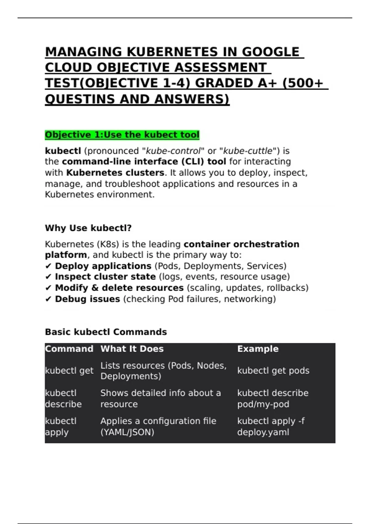 MANAGING KUBERNETES IN GOOGLE CLOUD OBJECTIVE ASSESSMENT TEST(OBJECTIVE ...
