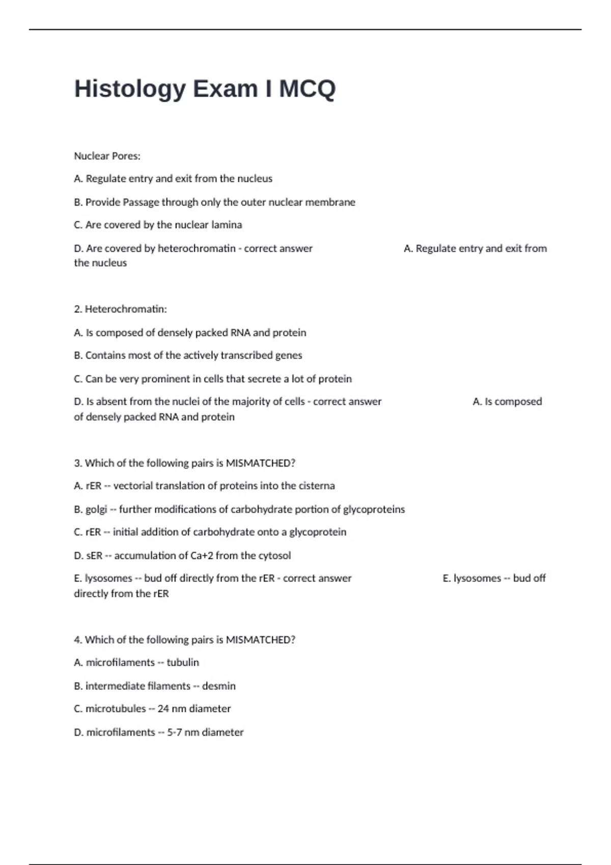 Histology Exam I MCQ Practice Questions With Answers Fully Solved ...